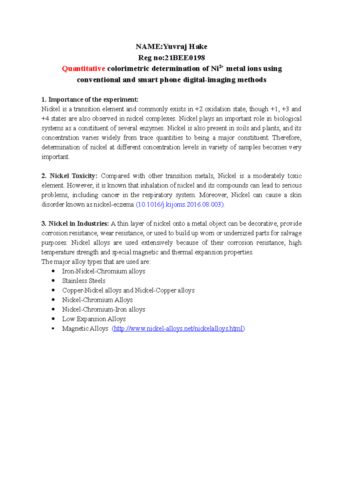 Exp 9 Quantitative Colorimetric Determination Of Ni2 Metal Ions Using Conventional And Smart