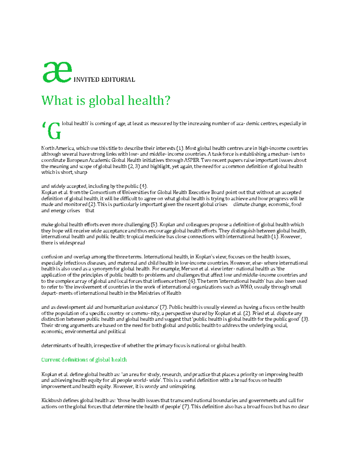 What is global health - reading - æINVITED EDITORIAL What is global ...