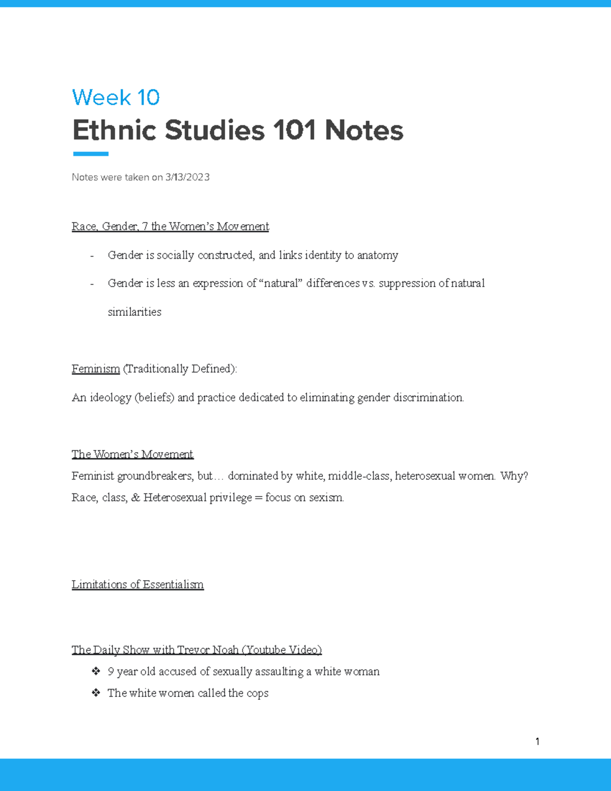Ethnic Studies 101; Week 10 Notes - Week 10 Ethnic Studies 101 Notes ...