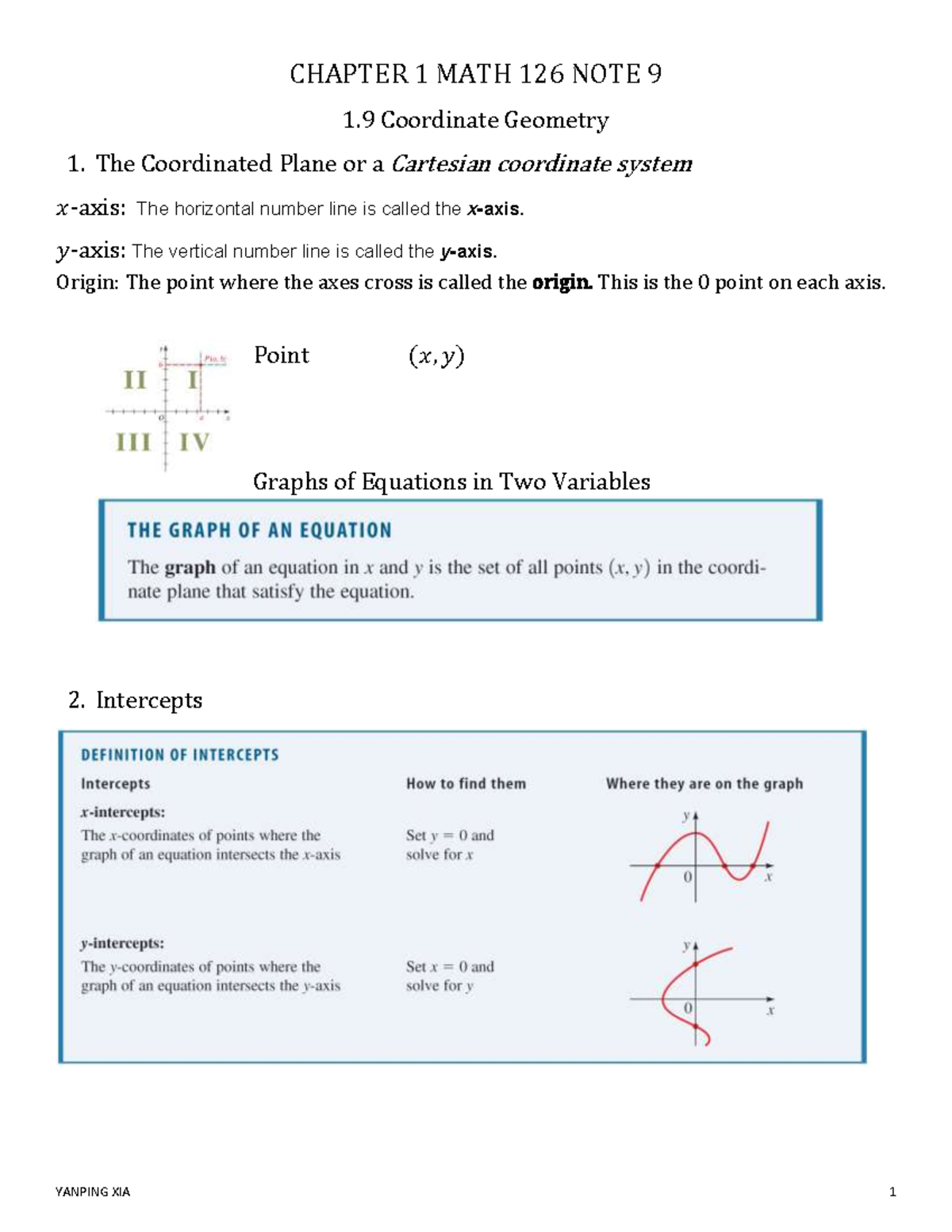 New Math 126 CX Handouts 1 - CHAPTER 1 MATH 126 NOTE 9 1 Coordinate ...