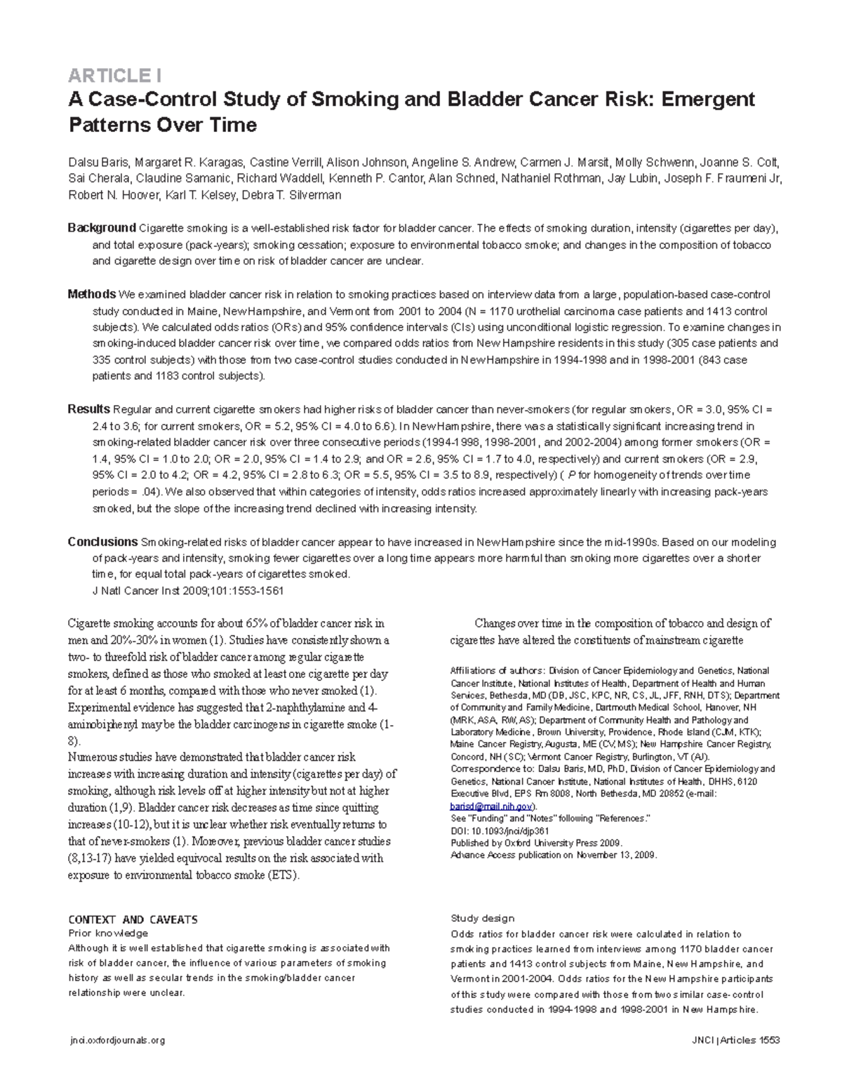 A Case Control Study of Smoking and Bladder Cancer Risk - ARTICLE I A ...