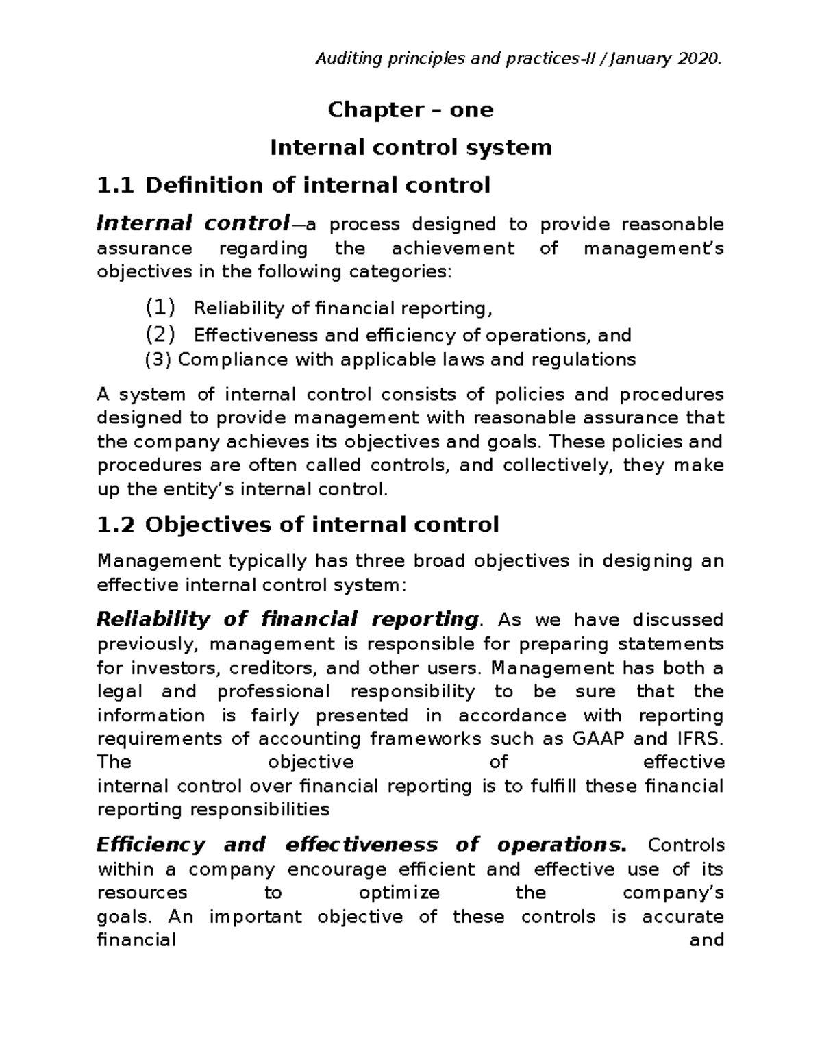 Auditing Principles and Practices II Chapter I - Chapter – one Internal control system 1 ...
