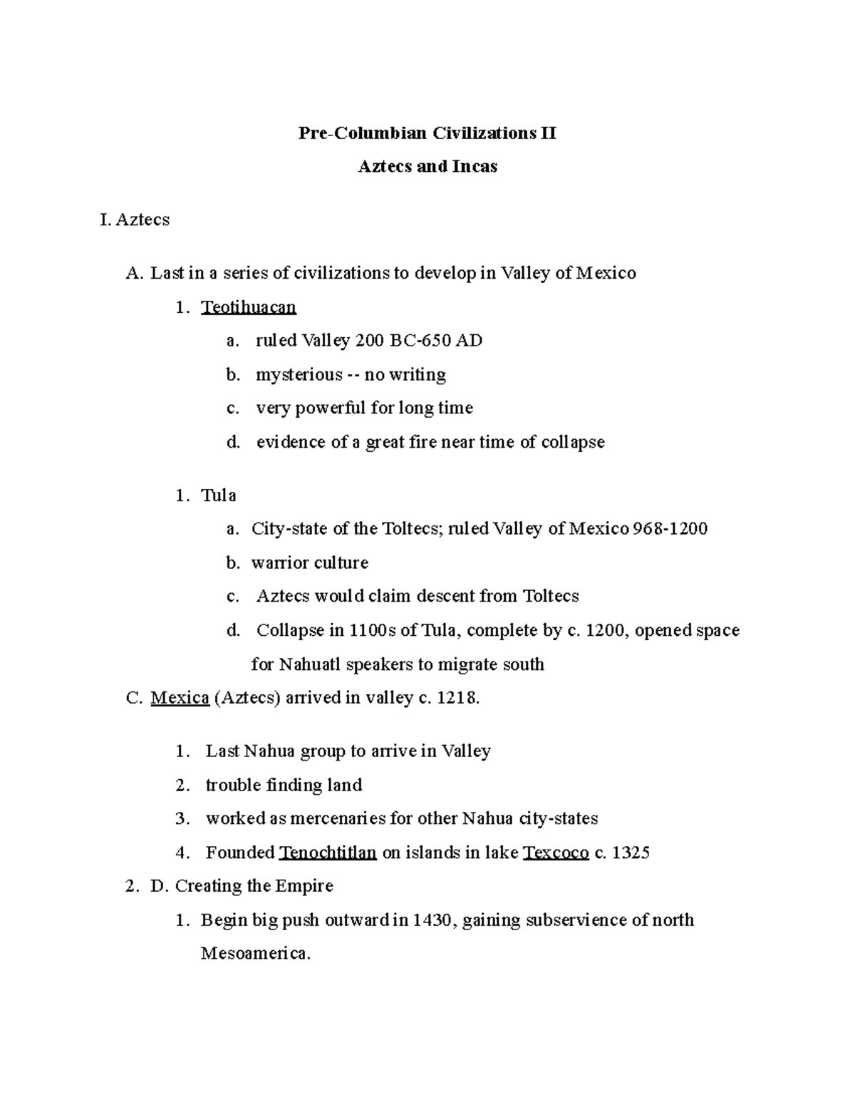 Pre-Columbian Civilizations II - Pre-Columbian Civilizations II Aztecs ...