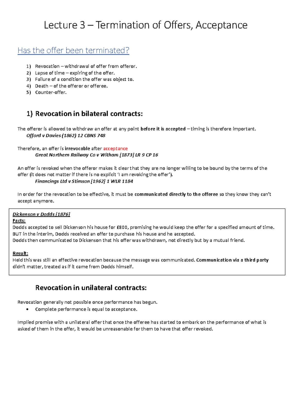 Termination of Offers, Acceptance Lecture 3 notes - Lecture 3 ...