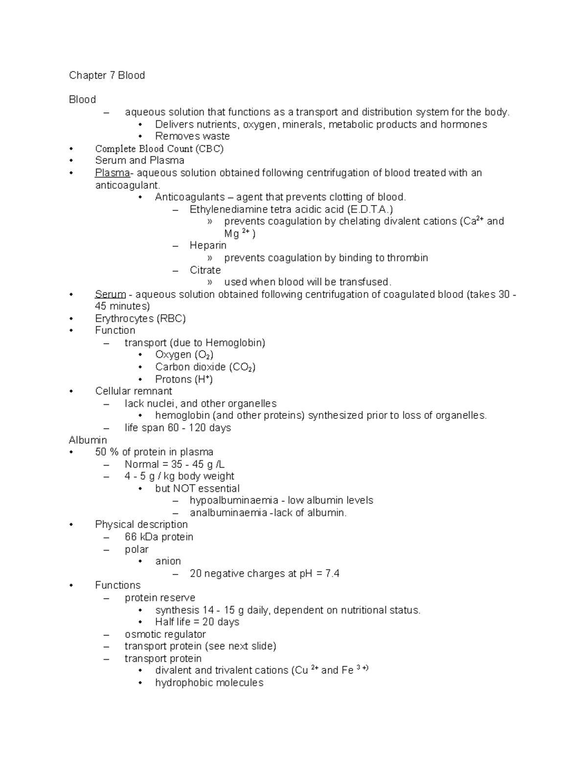 Biochem Ch 7 Blood - ch 7 - Chapter 7 Blood Blood - aqueous solution ...