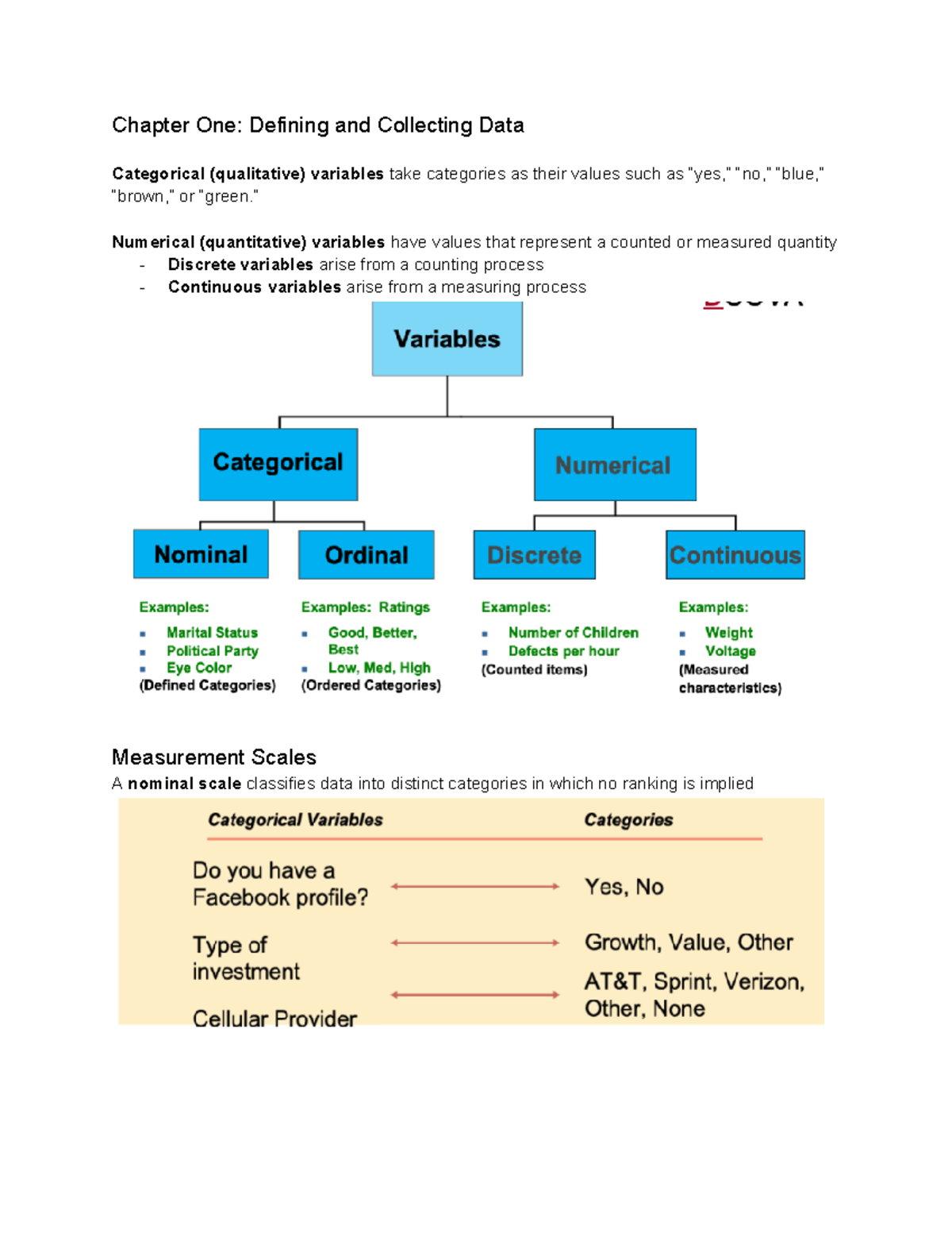 MGTOP 215 Notes - Chapter One: Defining and Collecting Data Categorical ...