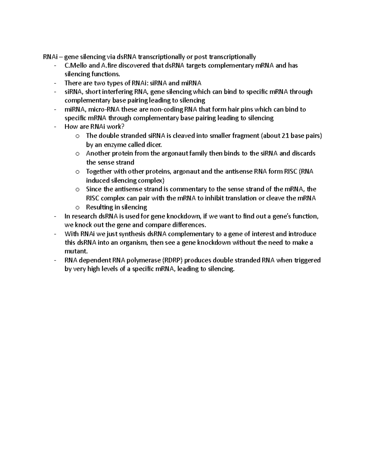 RNAi summary djjdd - RNAi – gene silencing via dsRNA transcriptionally ...