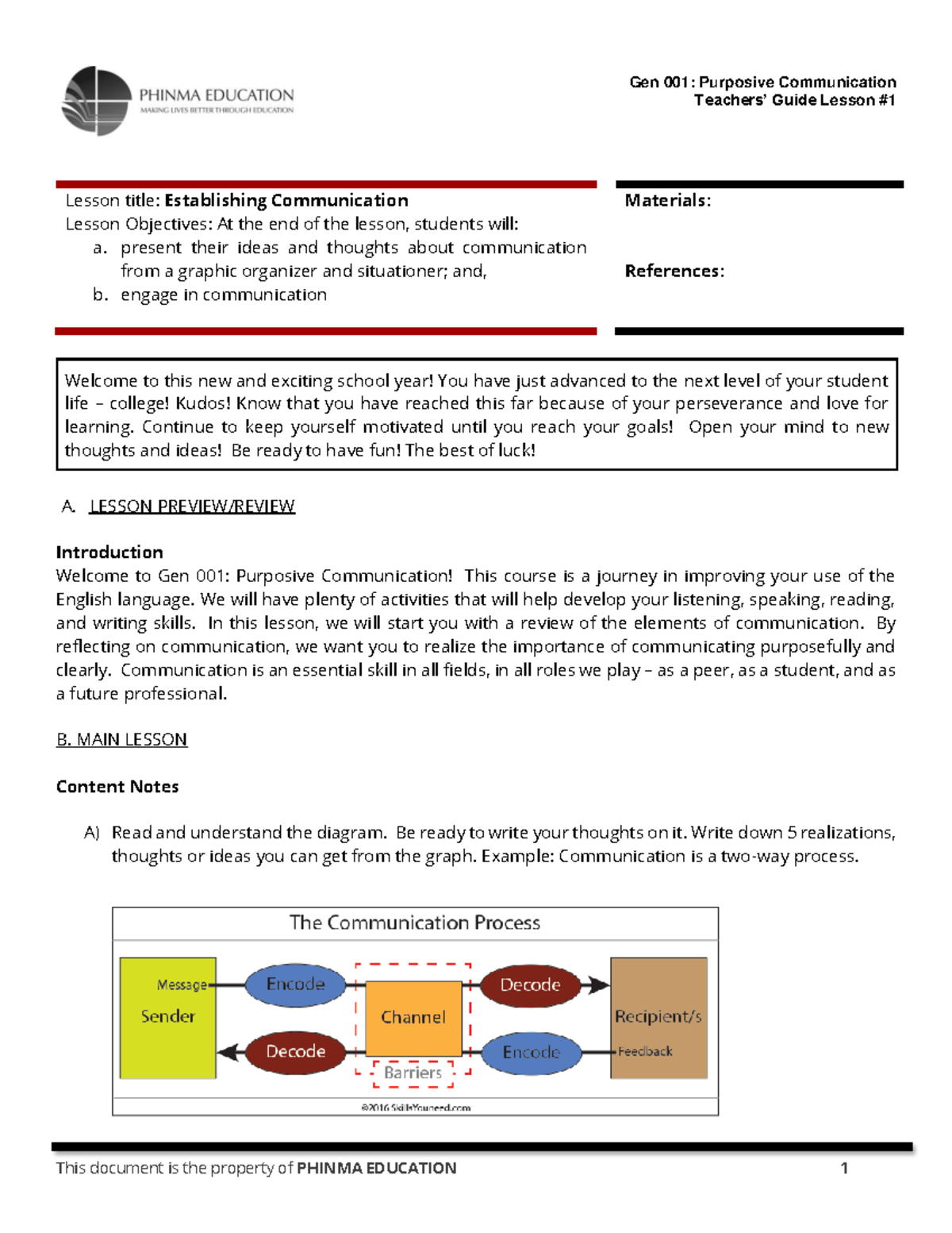 GEN 001 TG 1 - Purposive Communication - Teachers’ Guide Lesson # Lesson title: Establishing ...