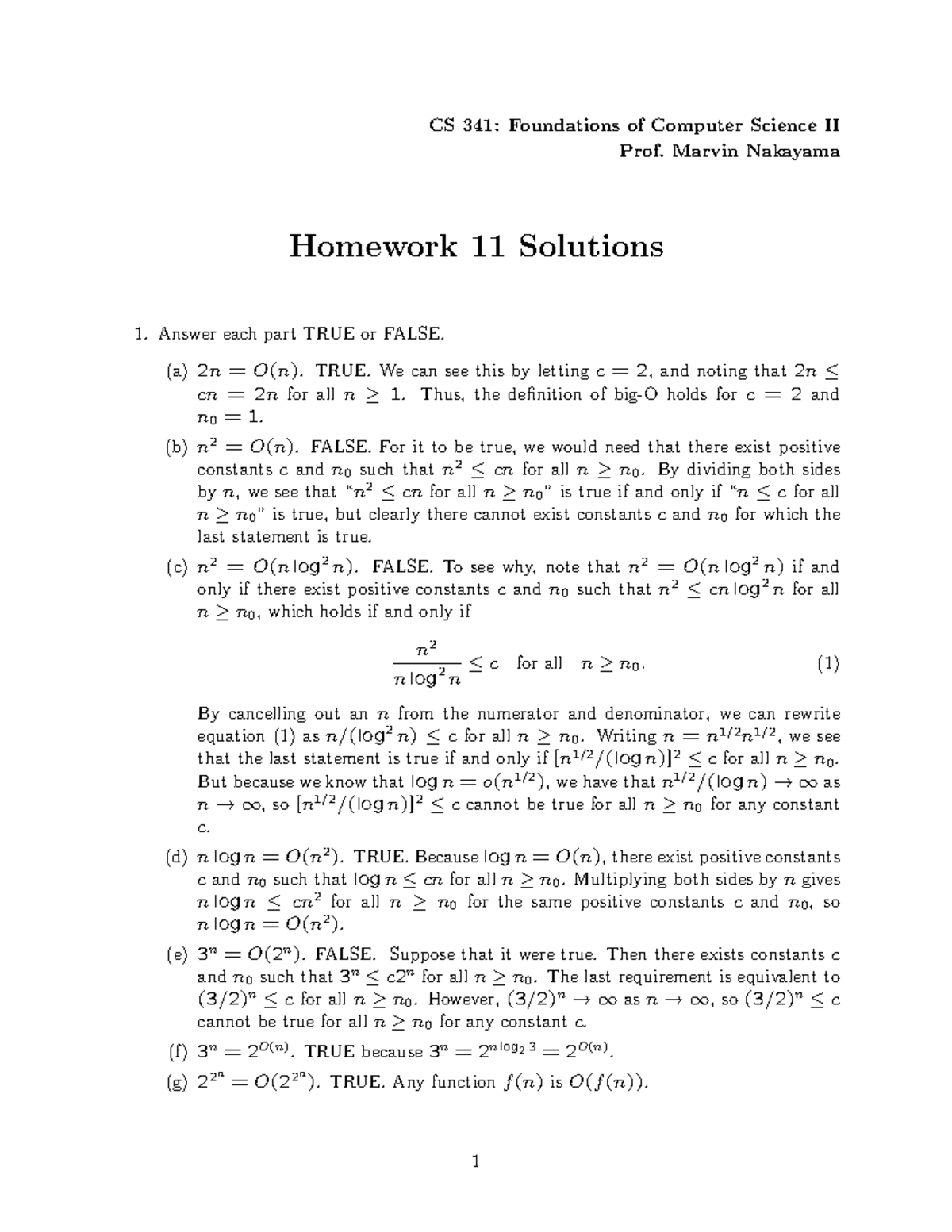 Dsa - lec5 - CS 341: Foundations of Computer Science II Prof. Marvin Nakayama Homework 11 ...