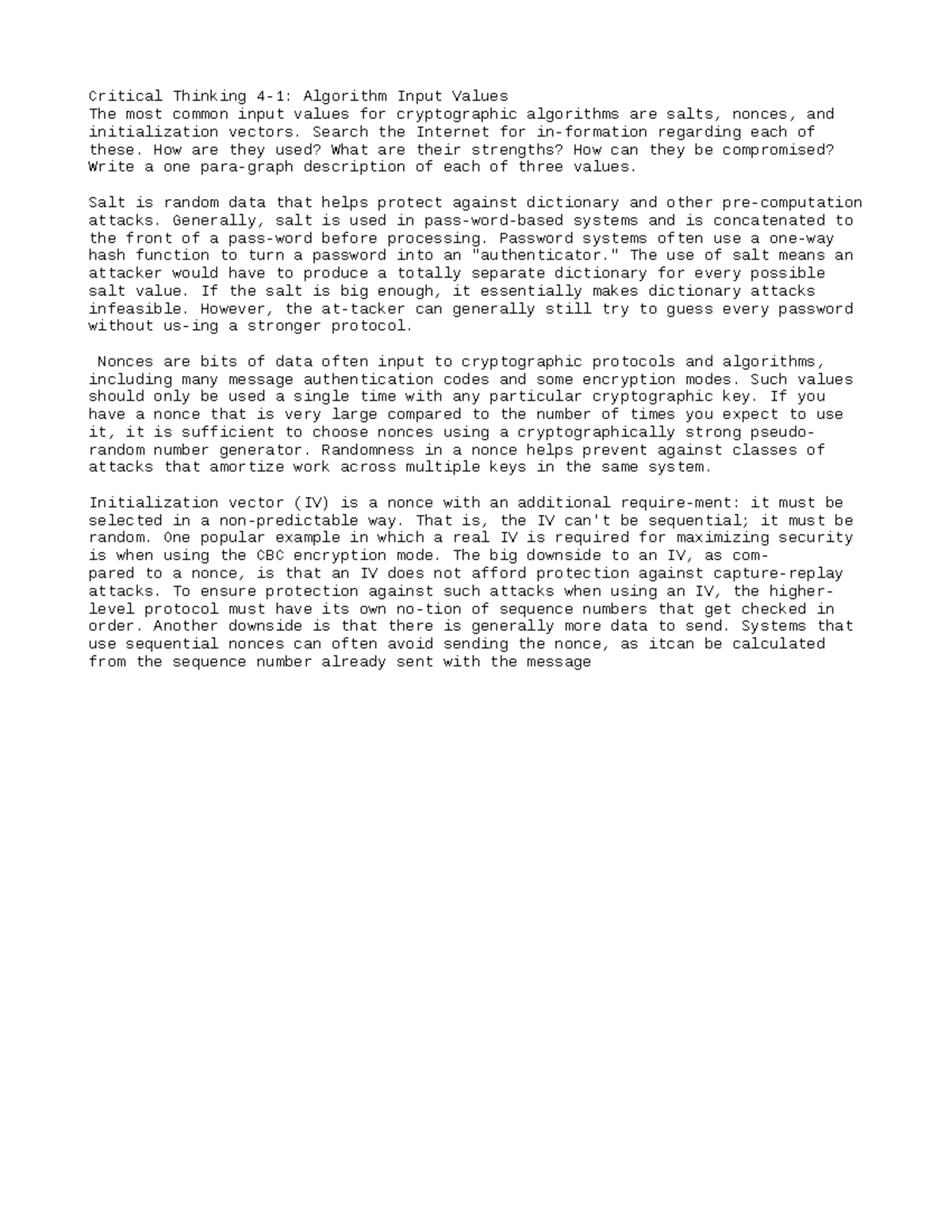 CT 10 - notes - Critical Thinking 4-1: Algorithm Input Values The most ...