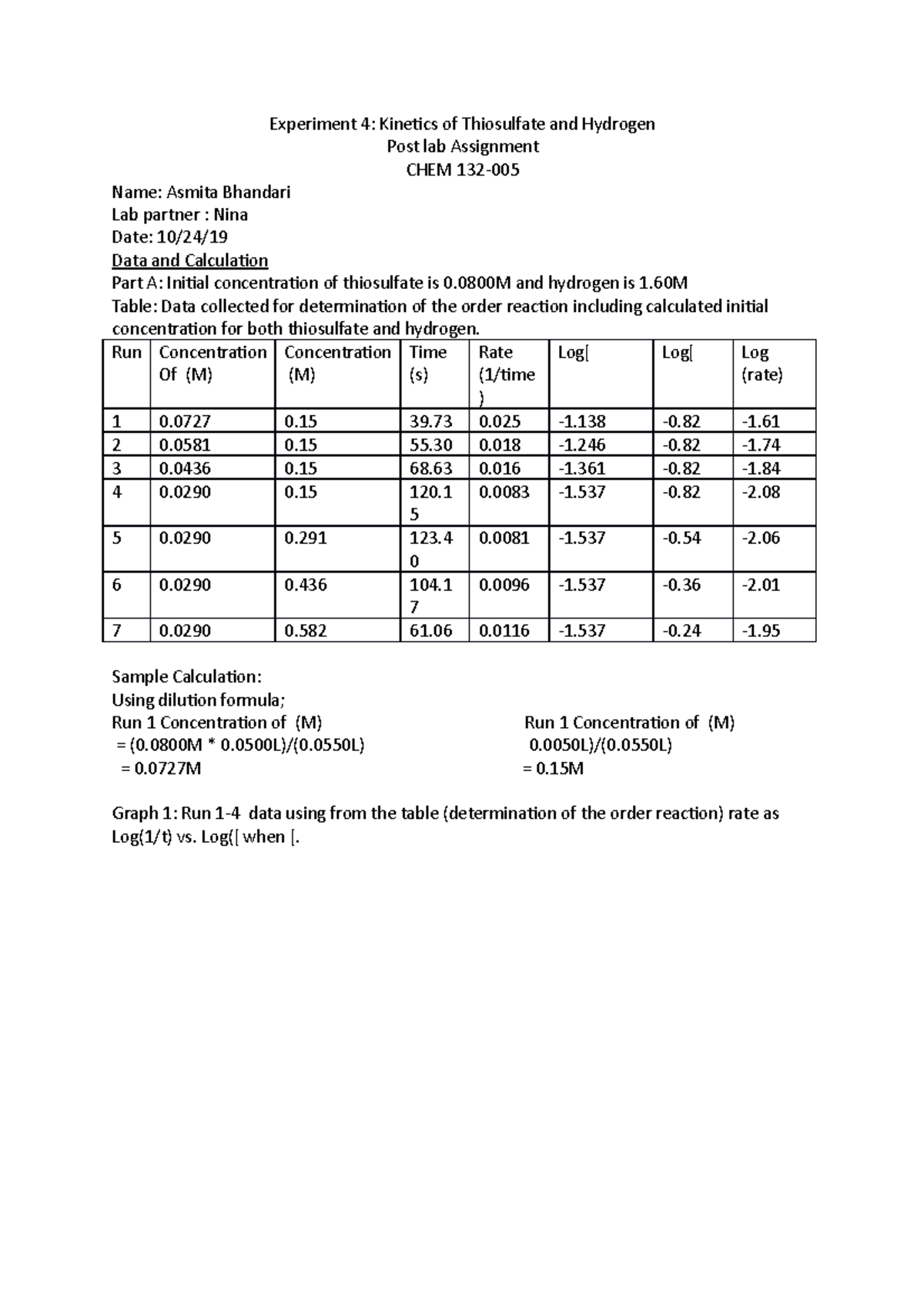 CHEM 132L Experiment 4 - Experiment 4: Kinetics of Thiosulfate and ...