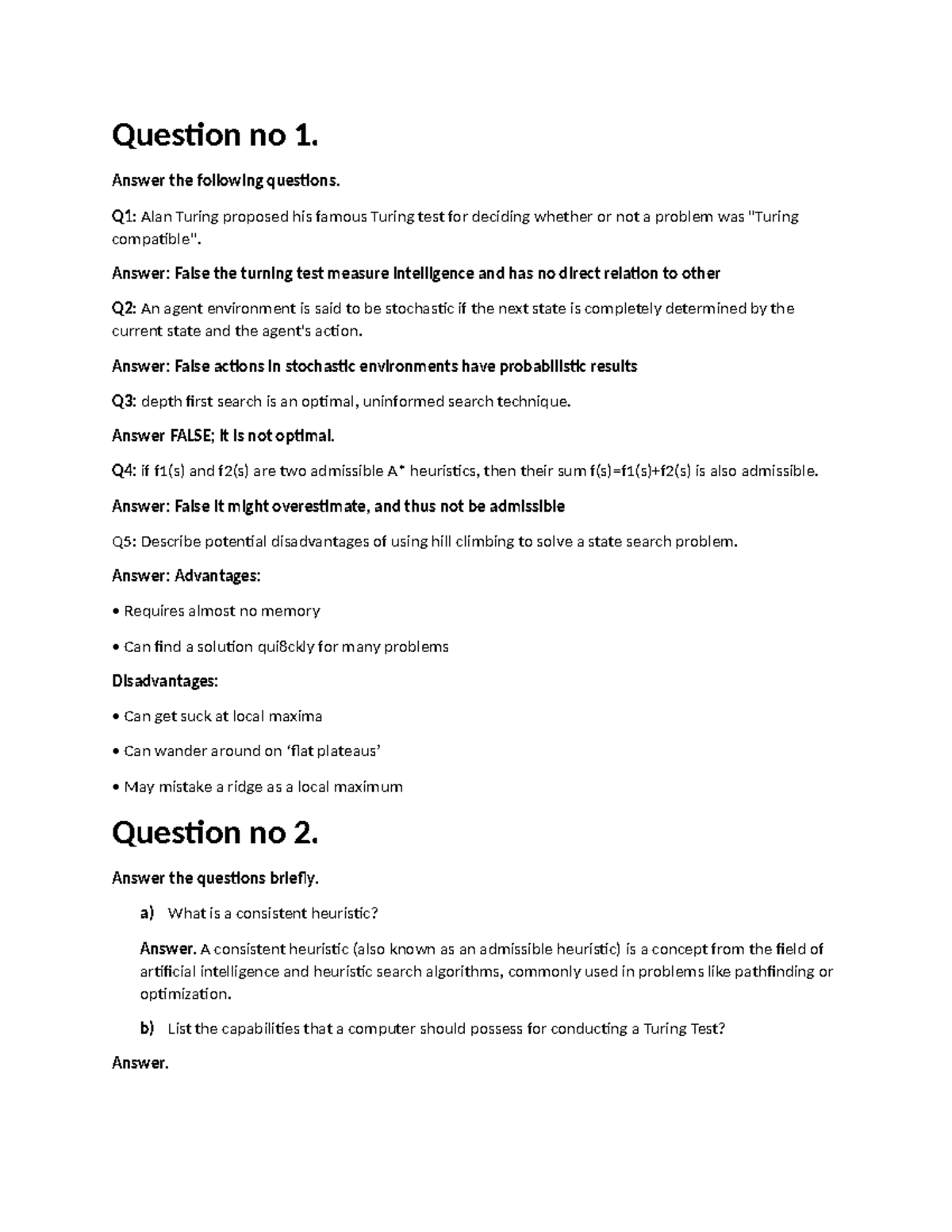 Ai mid solution 2022 - Question no 1. Answer the following questions ...