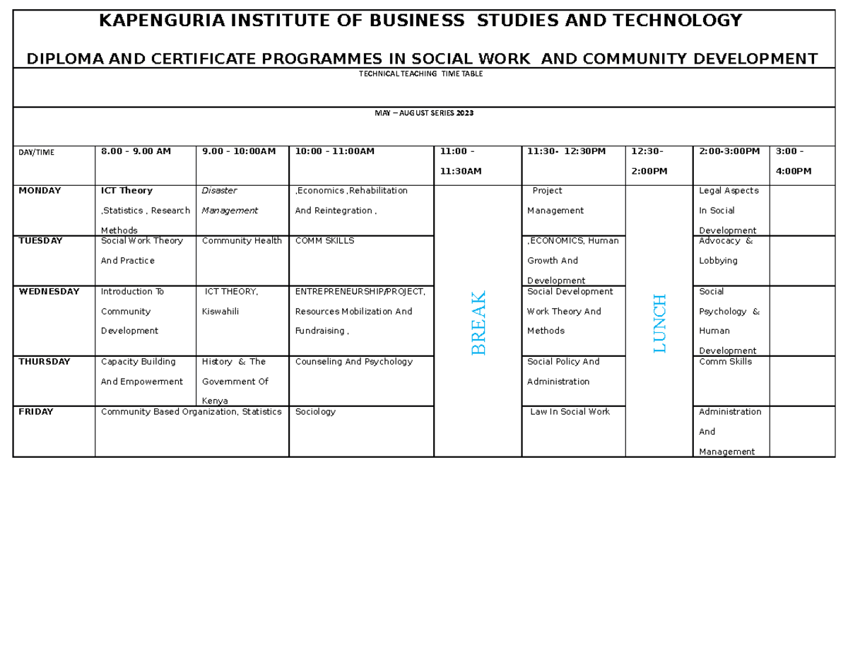 Technical TIME Table - KAPENGURIA INSTITUTE OF BUSINESS STUDIES AND ...