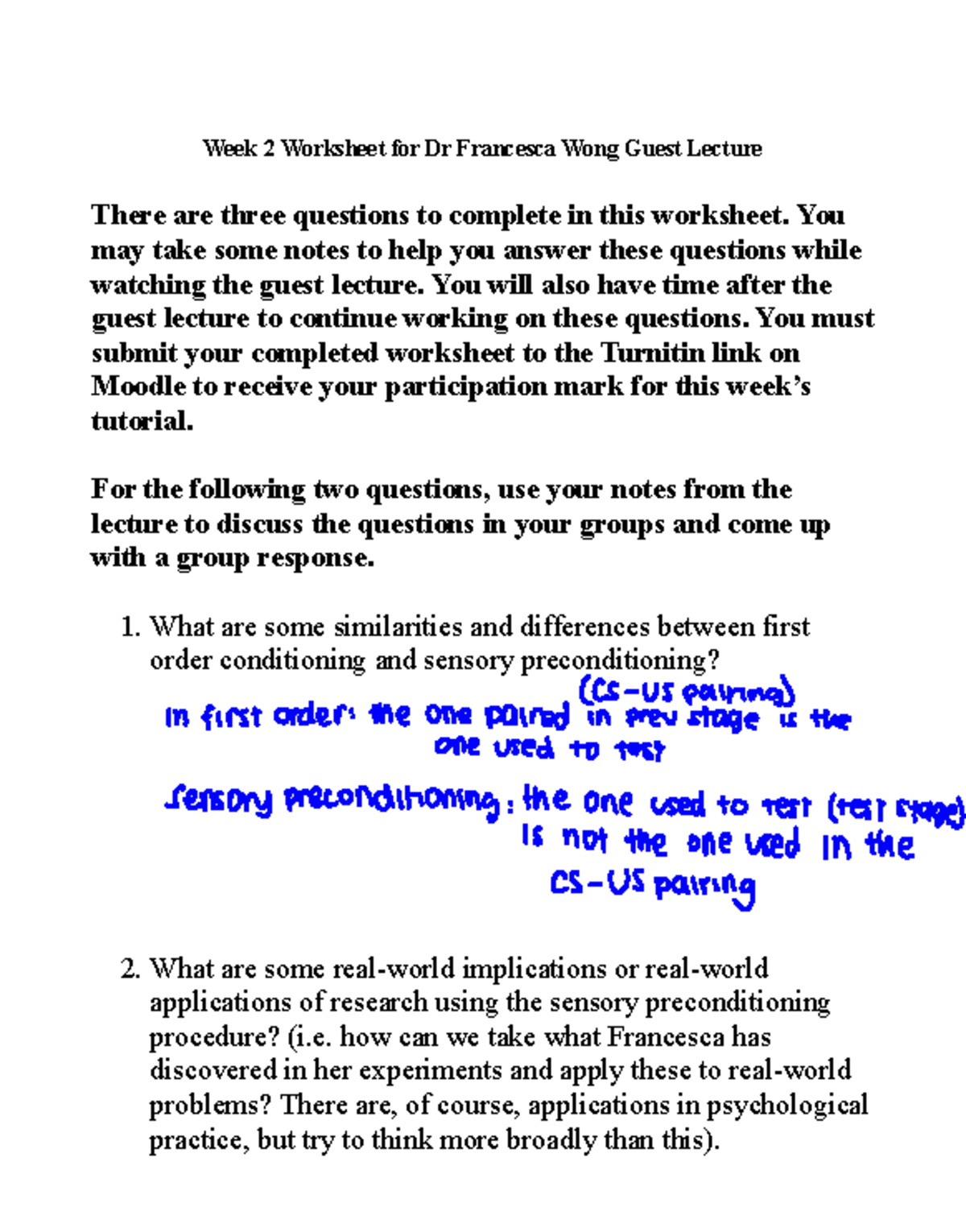 W2 Tutorial Activity Answers - Week 2 Worksheet for Dr Francesca Wong Guest Lecture There are ...