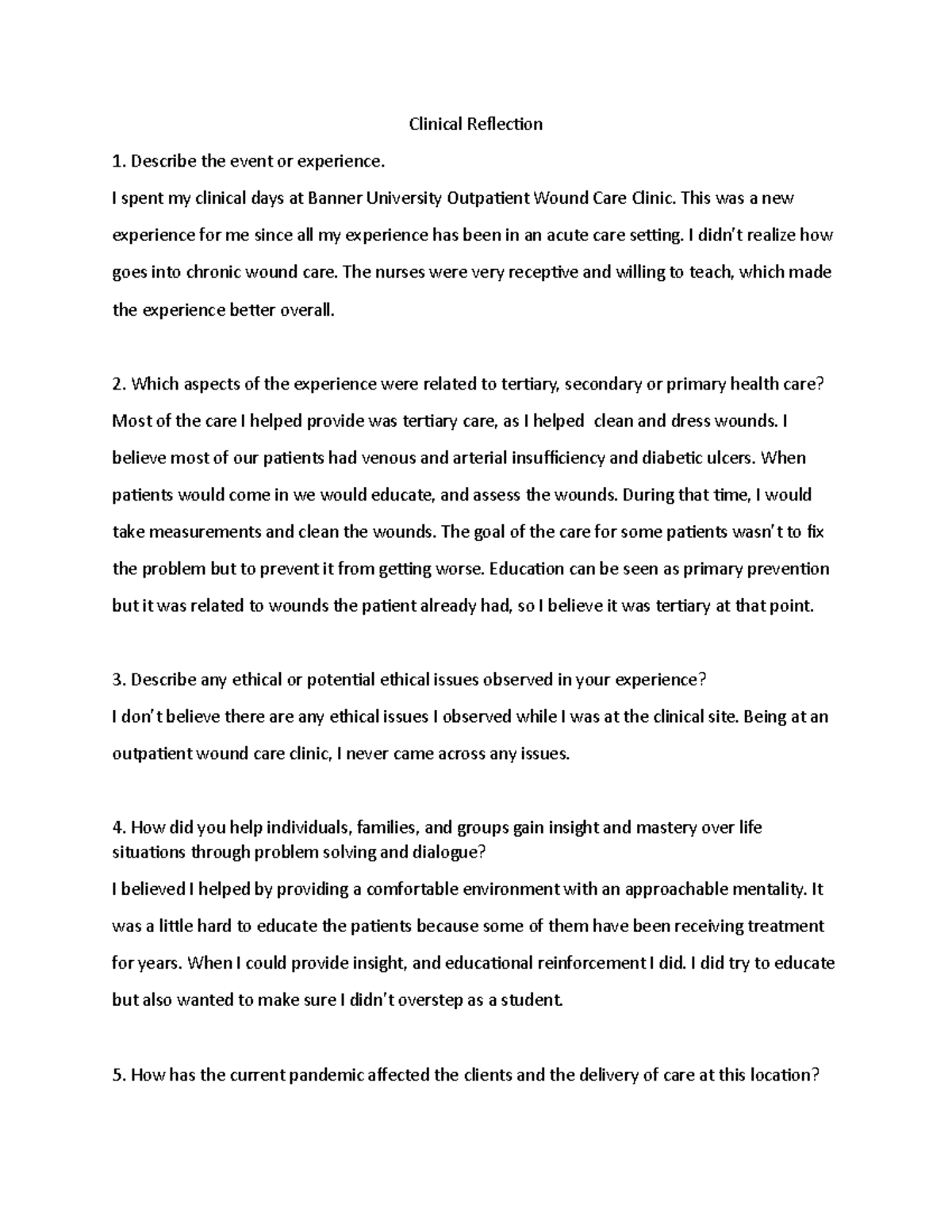 Clinical Reflection 3-20 - Clinical Reflection Describe the event or ...