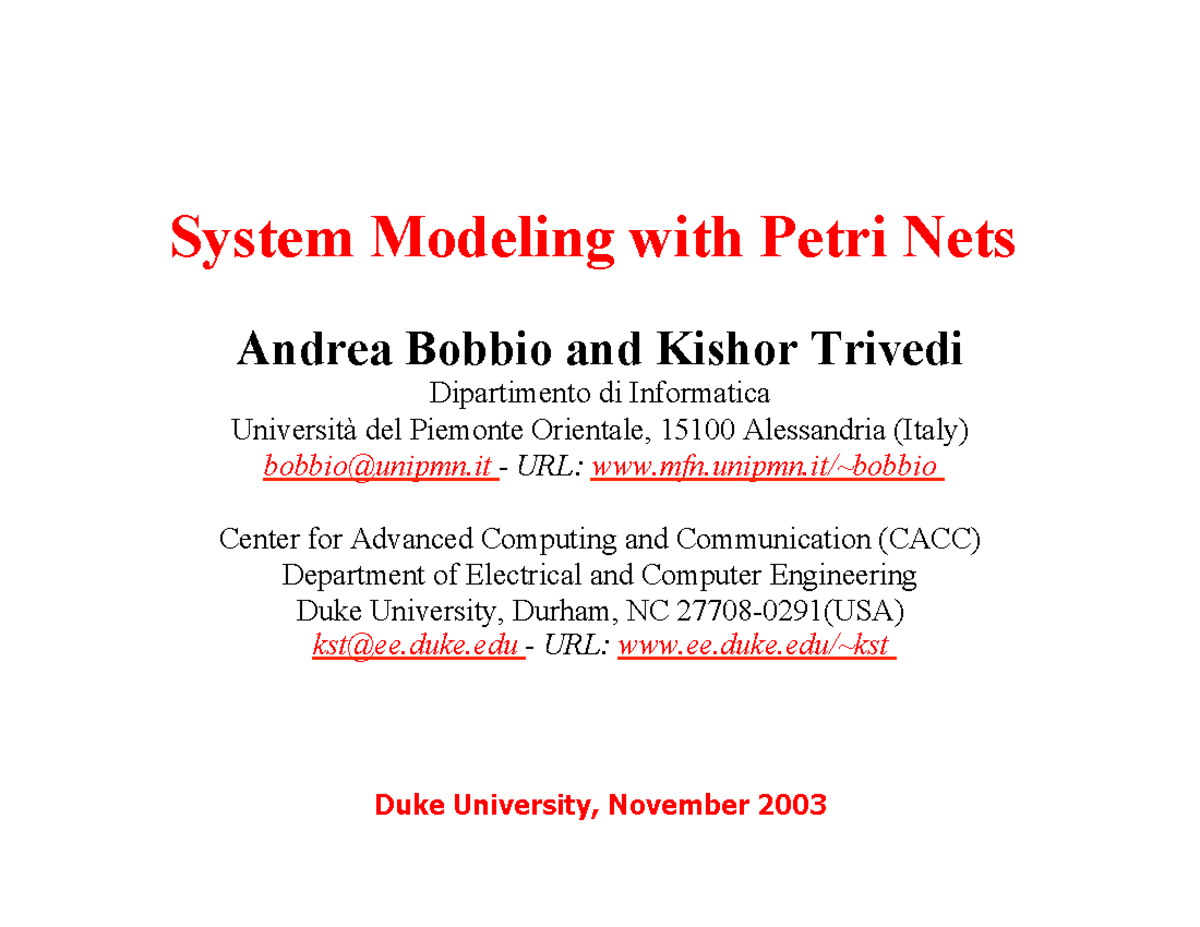 Trivedi-Petri - Automation Basics - System Modeling with Petri Nets Duke University, November ...