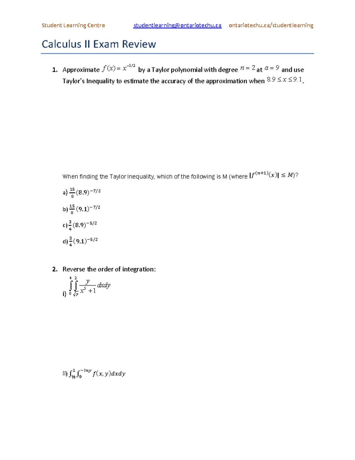 Exam Review Calculus II W2024 - Calculus II Exam Review 1. Approximate ...