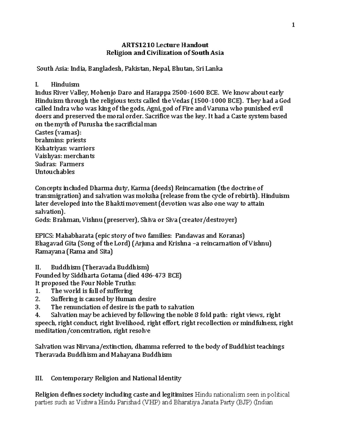 All lecture notes - ARTS1210 Lecture Handout Religion and Civilization ...