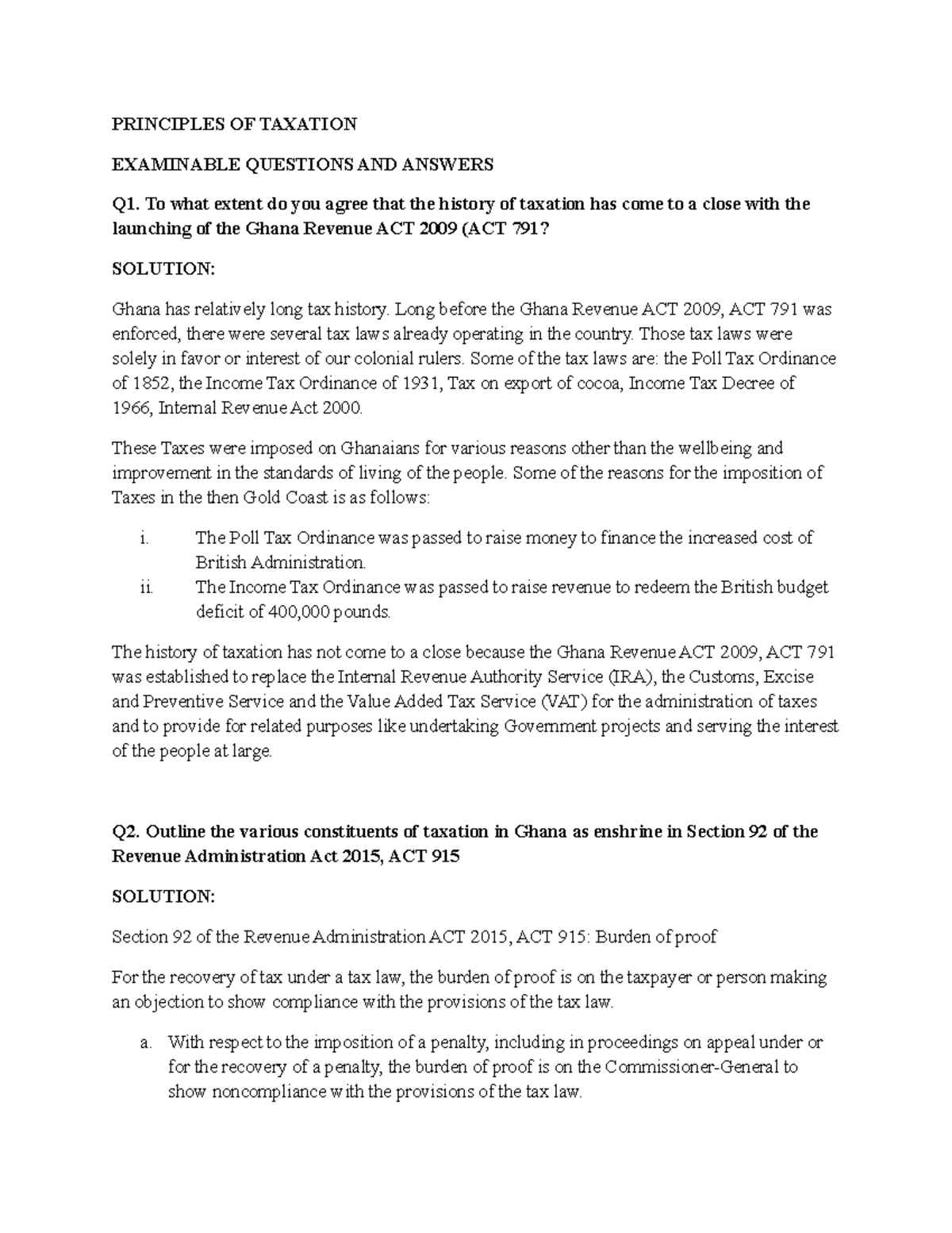 Principles OF Taxation Likely Q&A - PRINCIPLES OF TAXATION EXAMINABLE ...