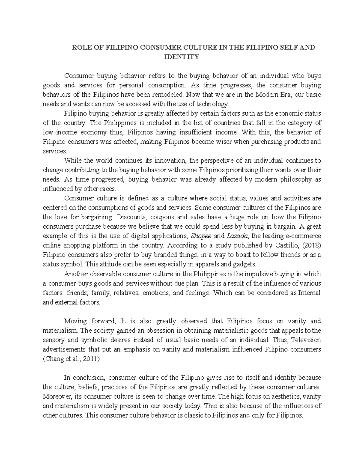 ROLE OF FILIPINO CONSUMER CULTURE IN THE FILIPINO SELF AND IDENTITY ...