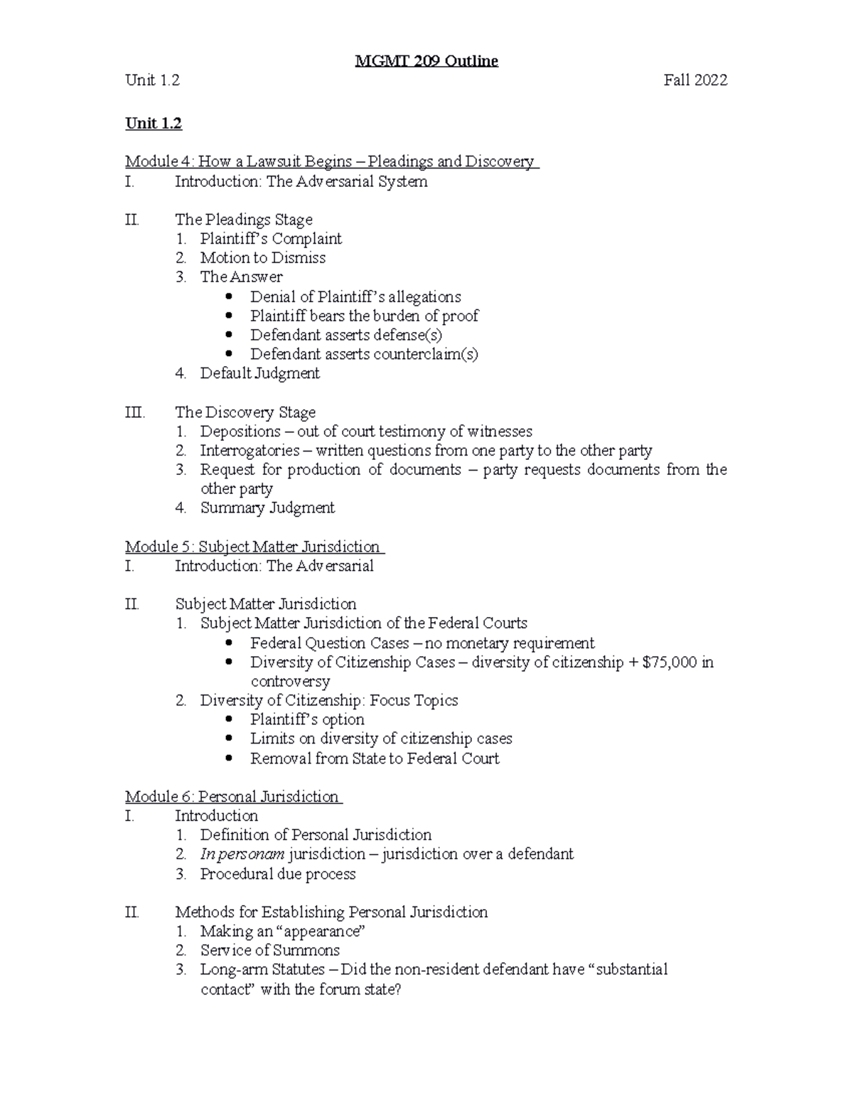 Unit 1.2 Outline - class notes - MGMT 209 Outline Unit 1 Fall 2022 Unit ...