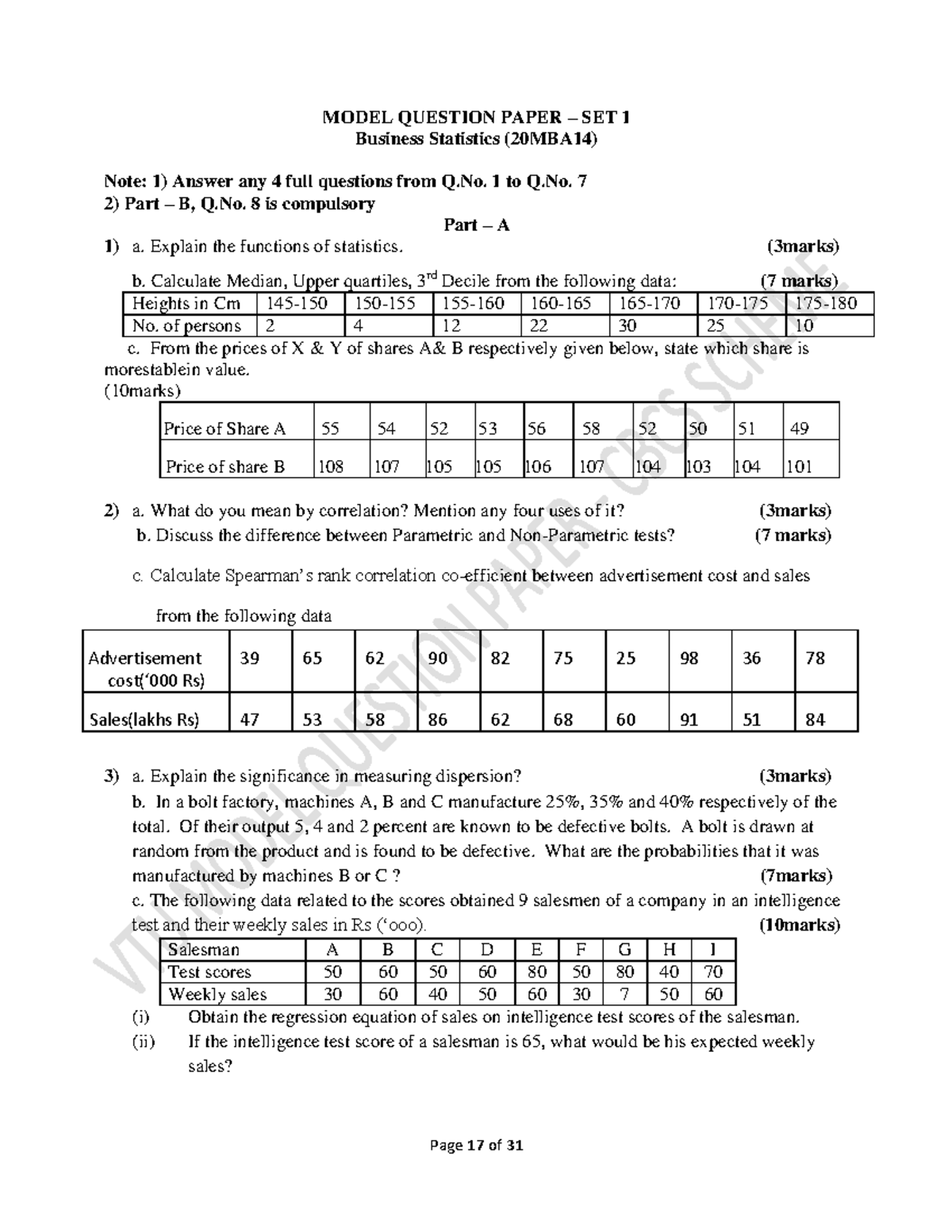20MBA14 - MBA subject - MODEL QUESTION PAPER – SET 1 Business ...