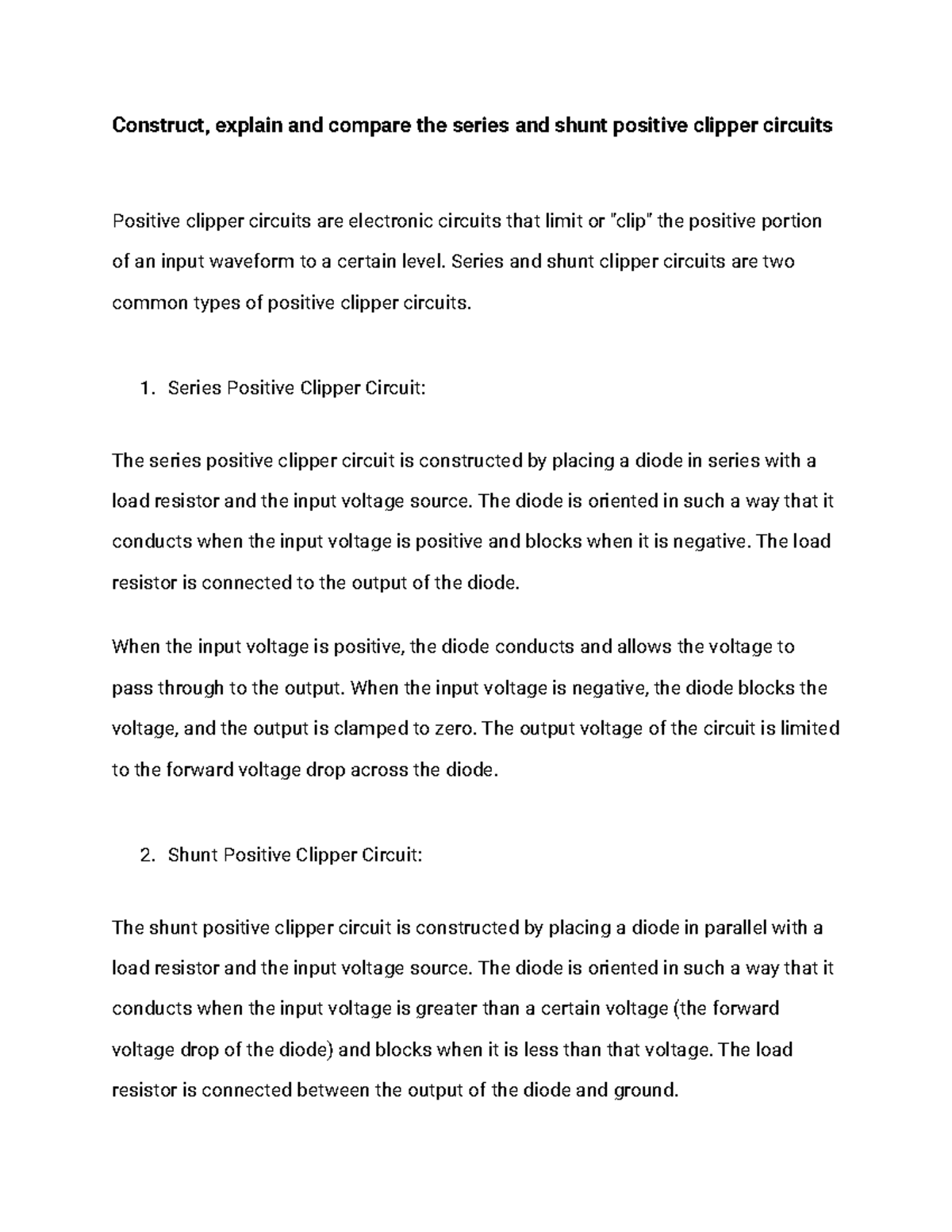 Construct, explain and compare the series and shunt positive clipper ...