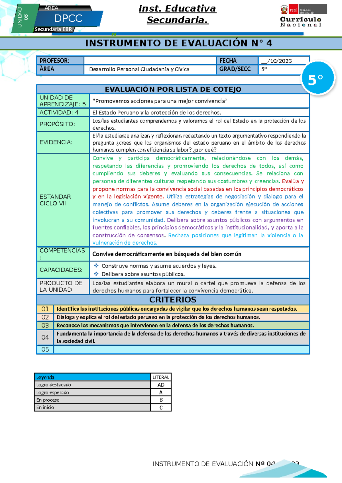 5º DPCC- LC ACT.4 UNI 6 - SEM 04 - Secundaria EBR ÁREA UNIDAD 06 DPCC Inst. Educativa Secundaria ...