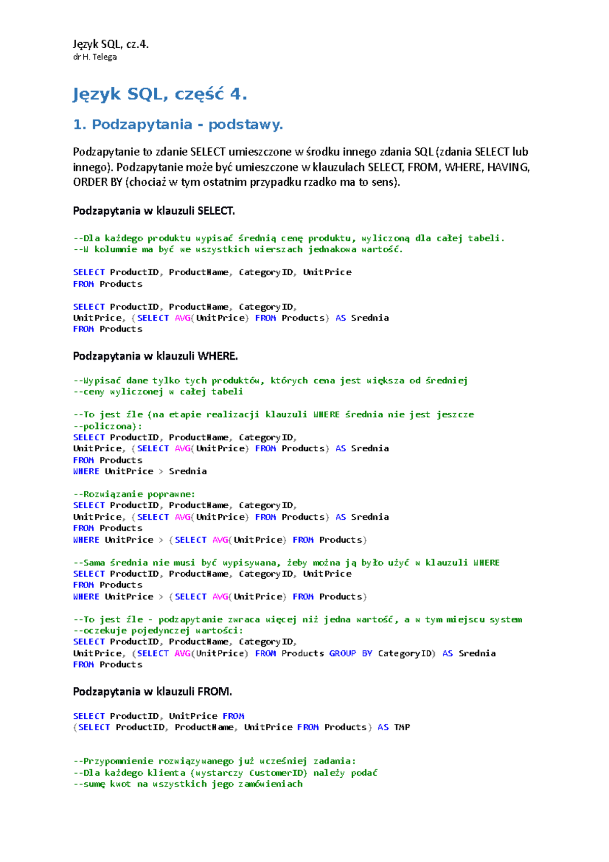 SQL - notatki z wykładu część czwarta - dr H. Telega Język SQL, część 4 ...