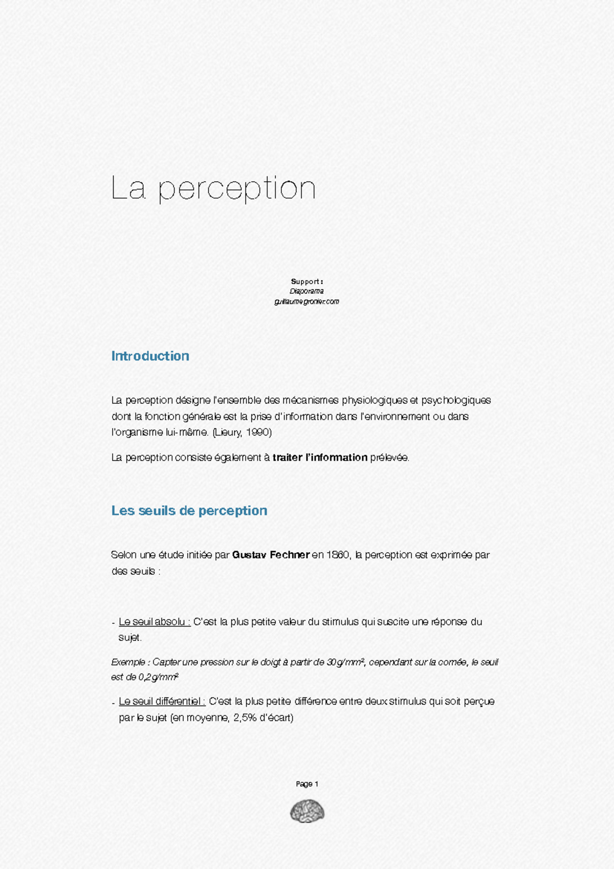 La perception - Cours s'inscrivant dans le cursus Licence psychologie ...
