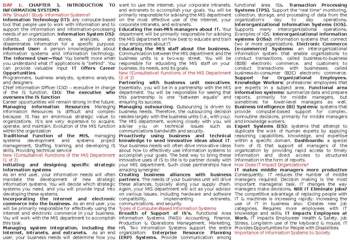 Cheat Sheet - Lecture notes 1-3 - DAY 1. CHAPTER 1. INTRODUCTION TO ...