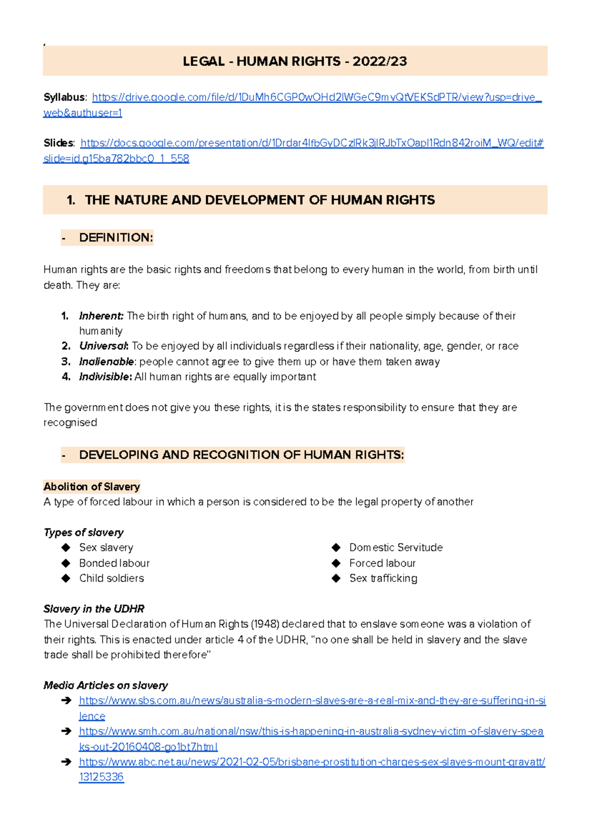 HR notes - xt LEGAL - HUMAN RIGHTS - 2022/ - Studocu