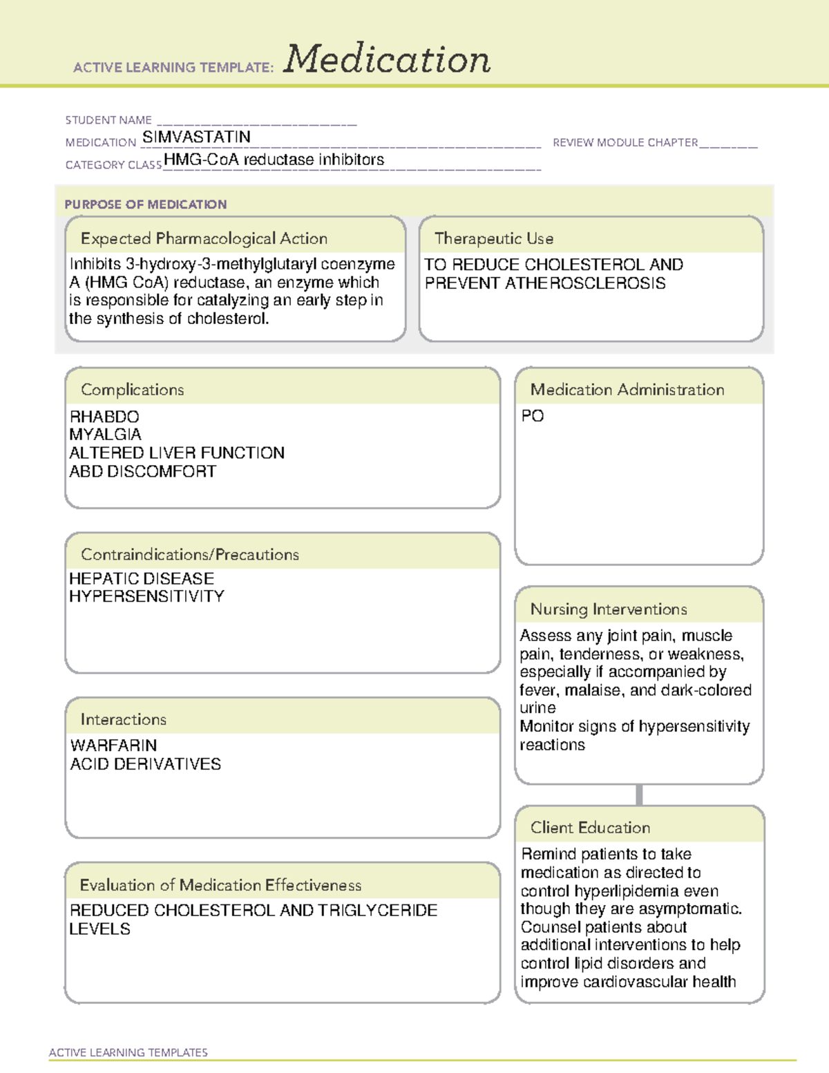 Simvastatinmedcard - ACTIVE LEARNING TEMPLATES Medication STUDENT NAME ...