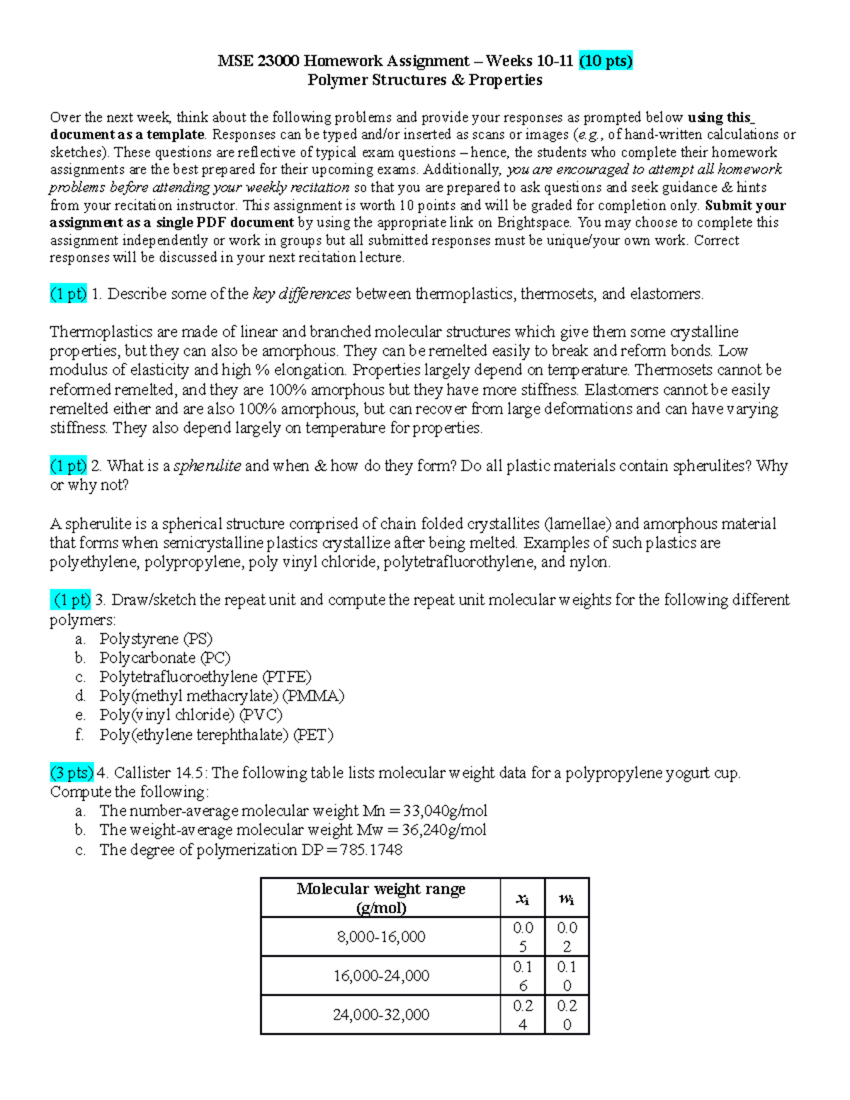 Week 11-12 HW - polymer structures and properties - MSE 23000 Homework Assignment – Weeks 10-11 ...