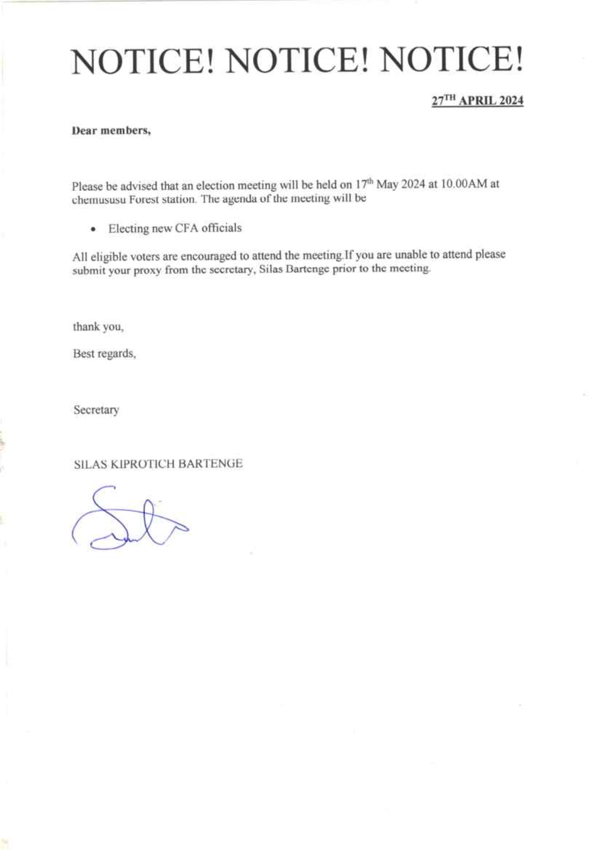 Notice 20240523 09192468 - NOTICE! NOTICE! NOTICE! 27TH APRIL 2024 Dear ...