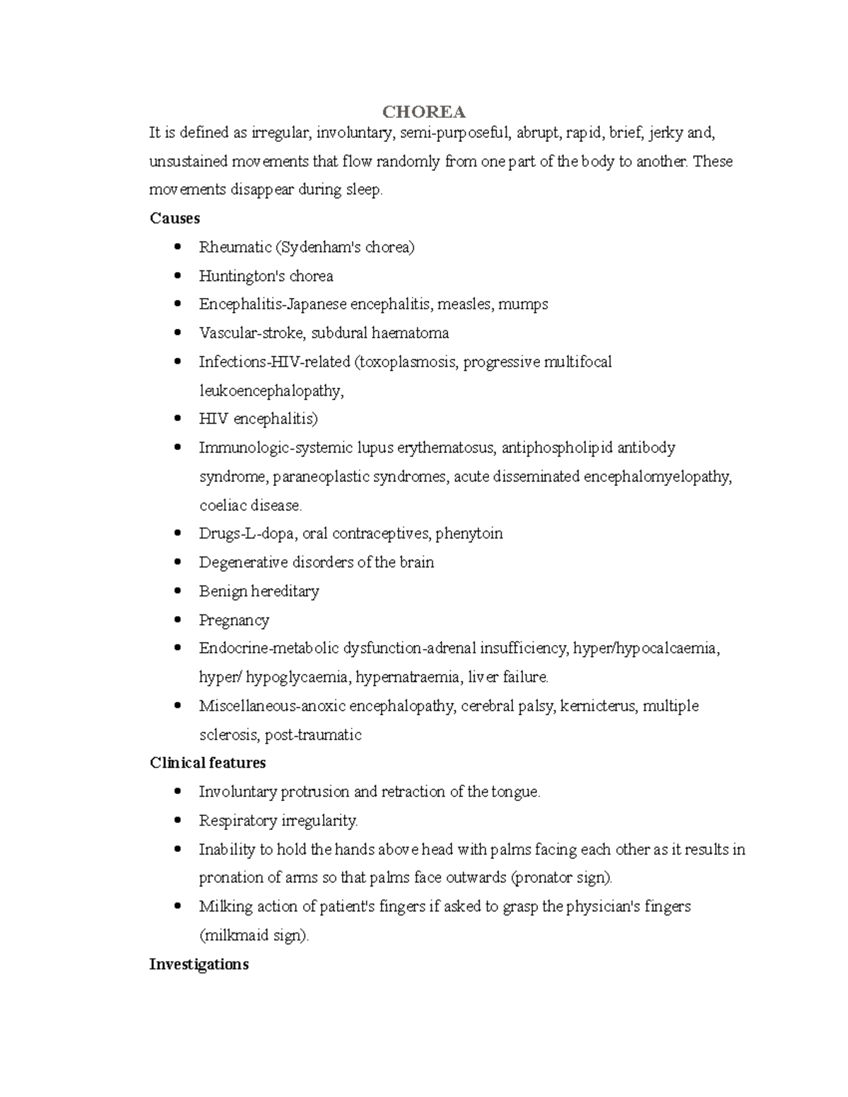 Chorea short note - CHOREA It is defined as irregular, involuntary ...