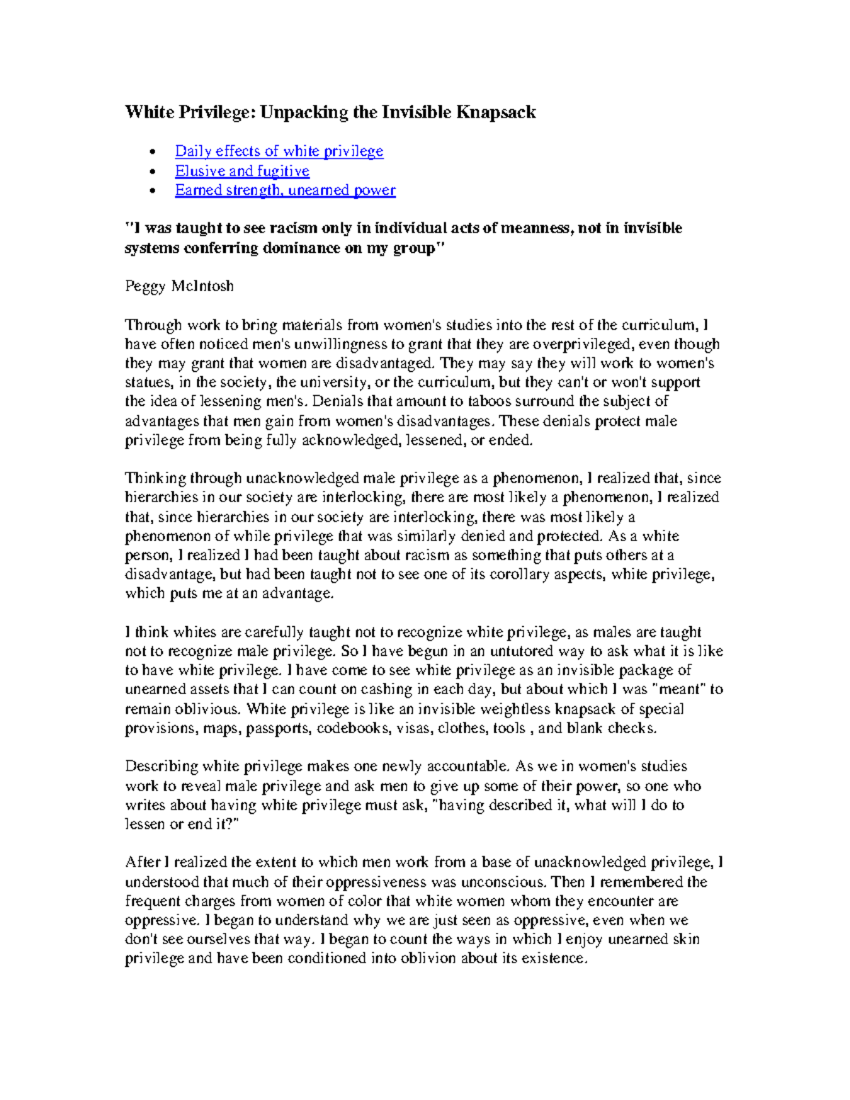 Mc Intosh White Privilege Unpacking - White Privilege: Unpacking the ...