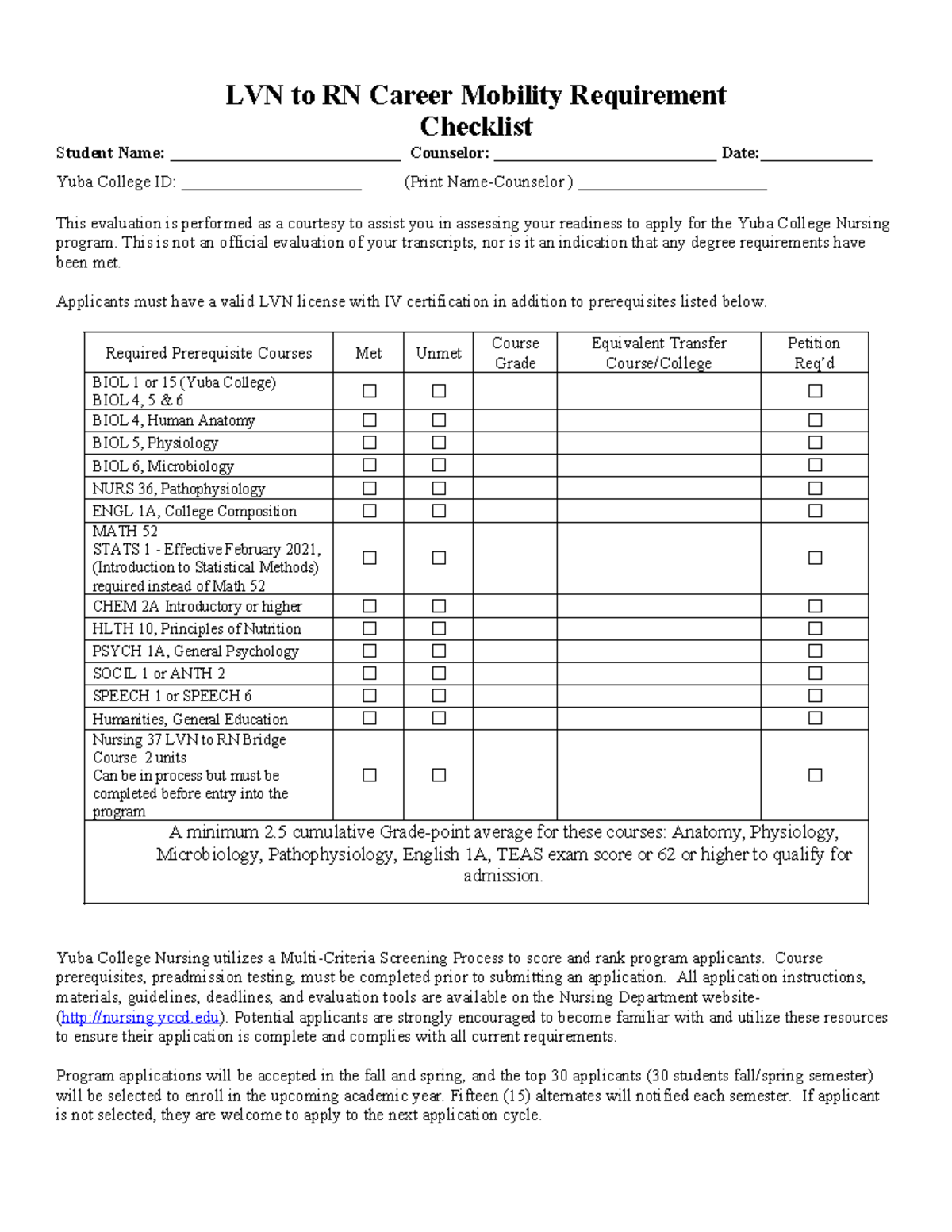 LVN to RN Checklist - Class information - LVN to RN Career Mobility ...