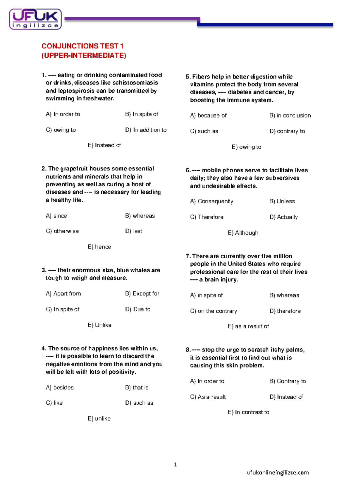 Conjunctions TEST 1 - practice test - 1 CONJUNCTIONS TEST 1 (UPPER ...