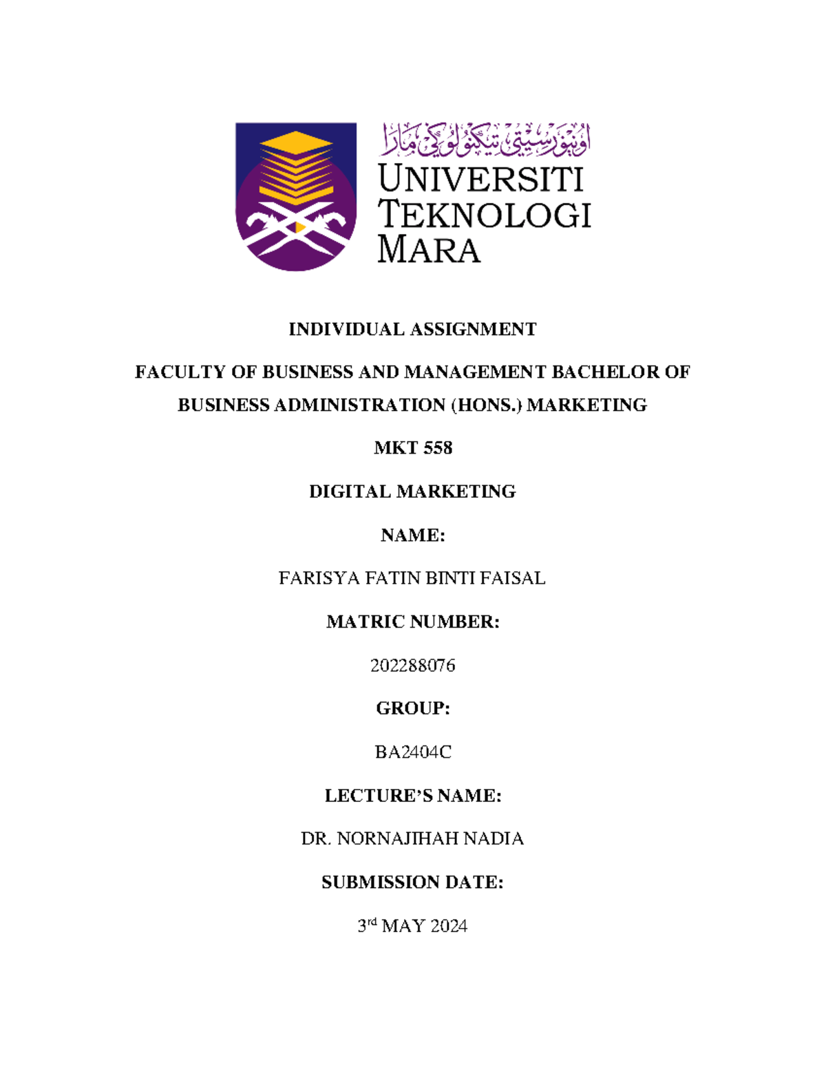 MKT558 IND ASSIGNMENT - INDIVIDUAL ASSIGNMENT FACULTY OF BUSINESS AND ...