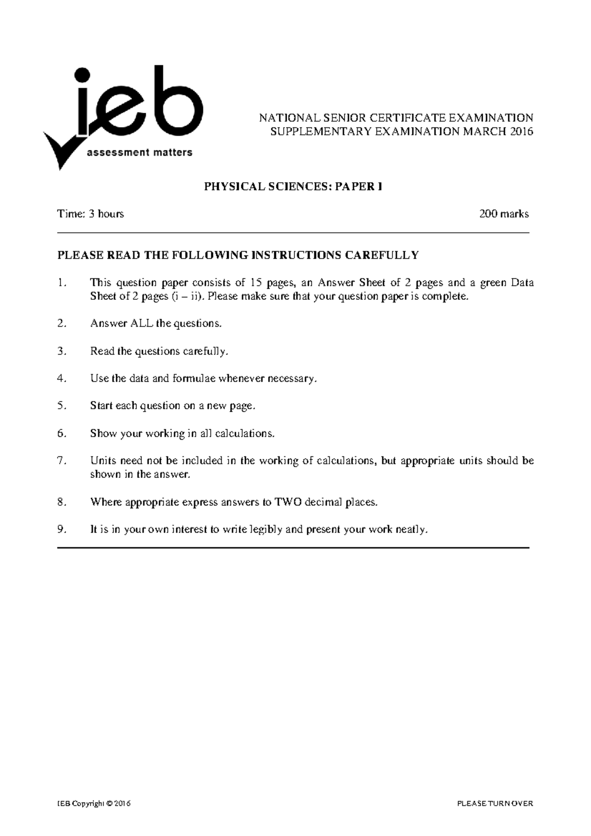Physics P1 2016 - 2016 IEB matric past paper 1 - NATIONAL SENIOR ...