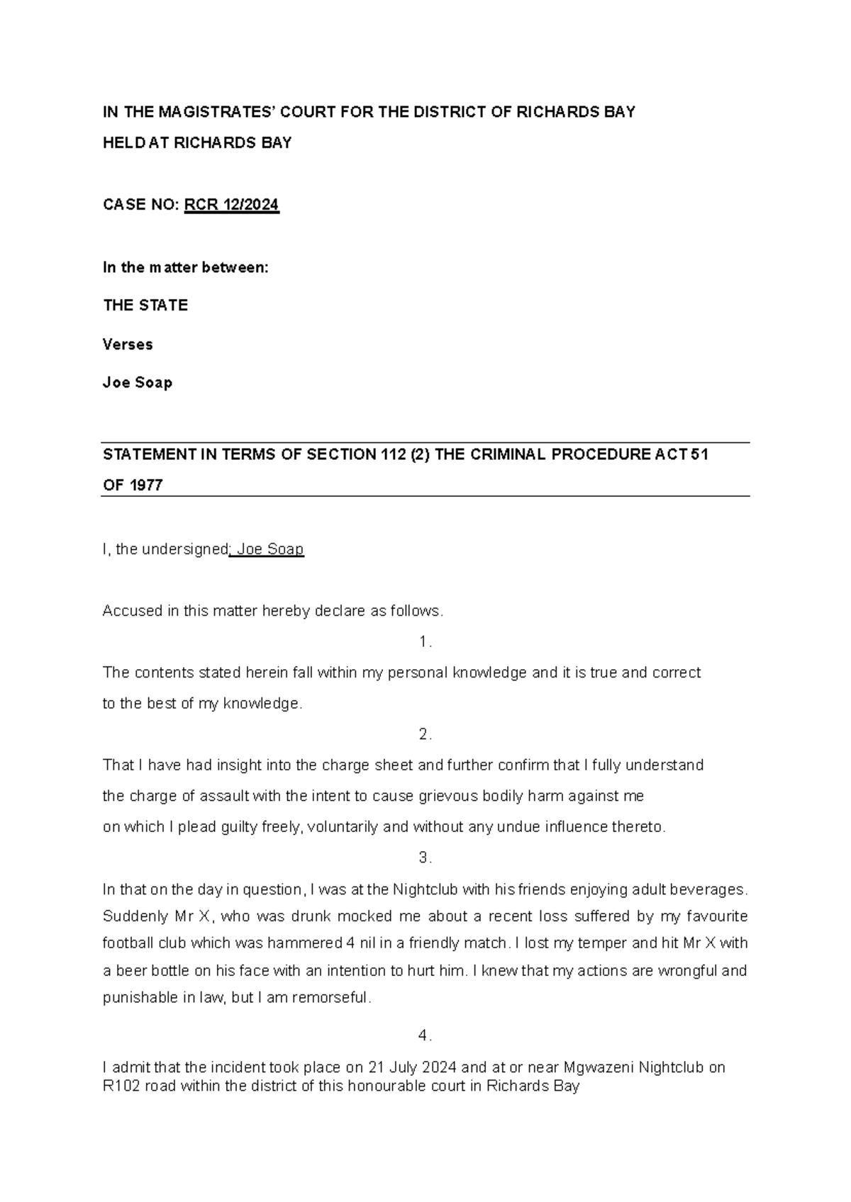 Section 112(2) Statement Answered - IN THE MAGISTRATES’ COURT FOR THE ...