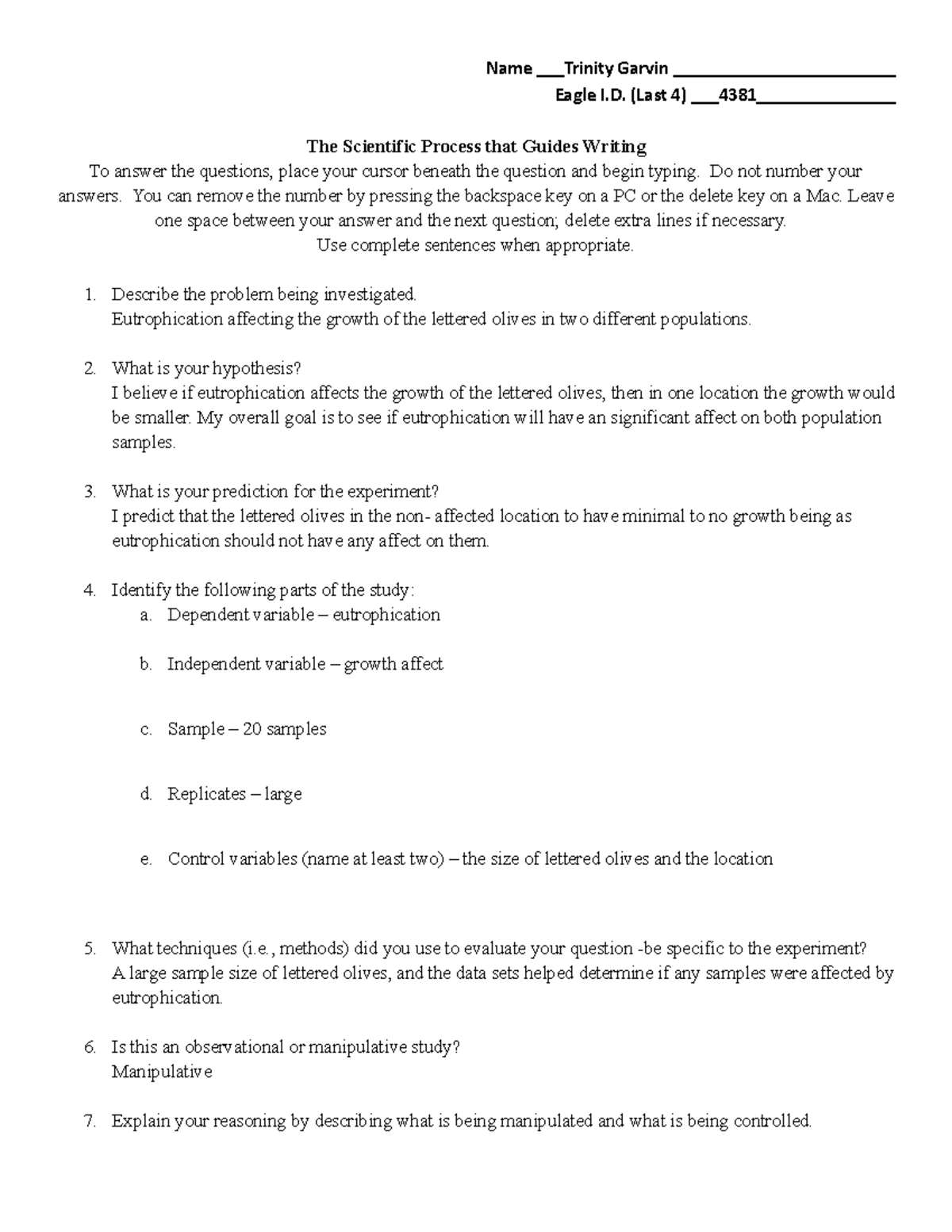 Scientific Investigation Worksheet (Sp23) - Name Trinity Garvin ...