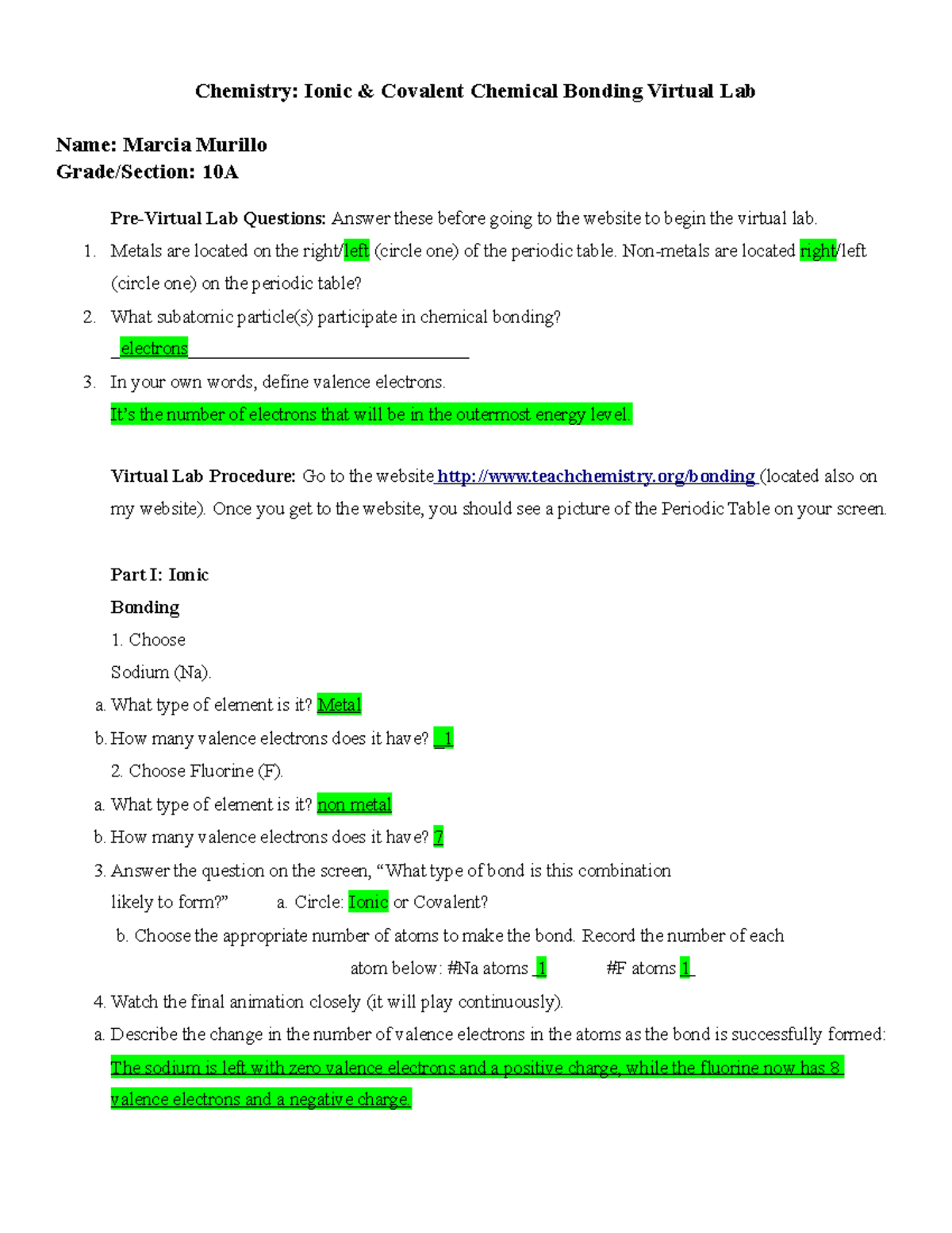 Covalent and Ionic Virtual lab 2021-2022 - Chemistry: Ionic & Covalent ...