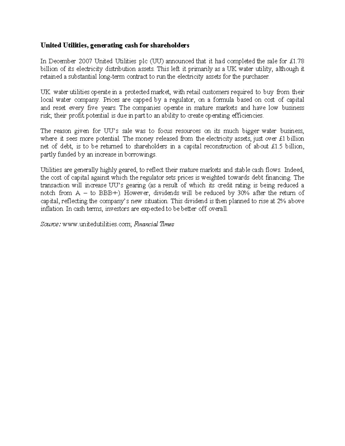 United Utilities case study 1 - United Utilities, generating cash for ...