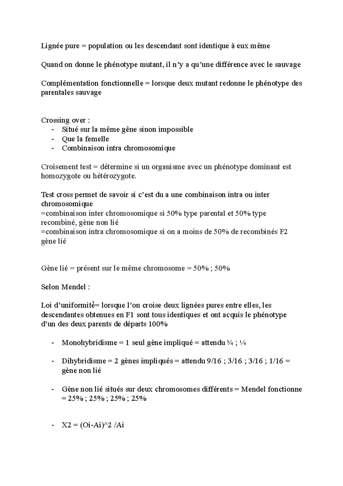 Fiche revision genetique - Lignée pure = population ou les descendant ...
