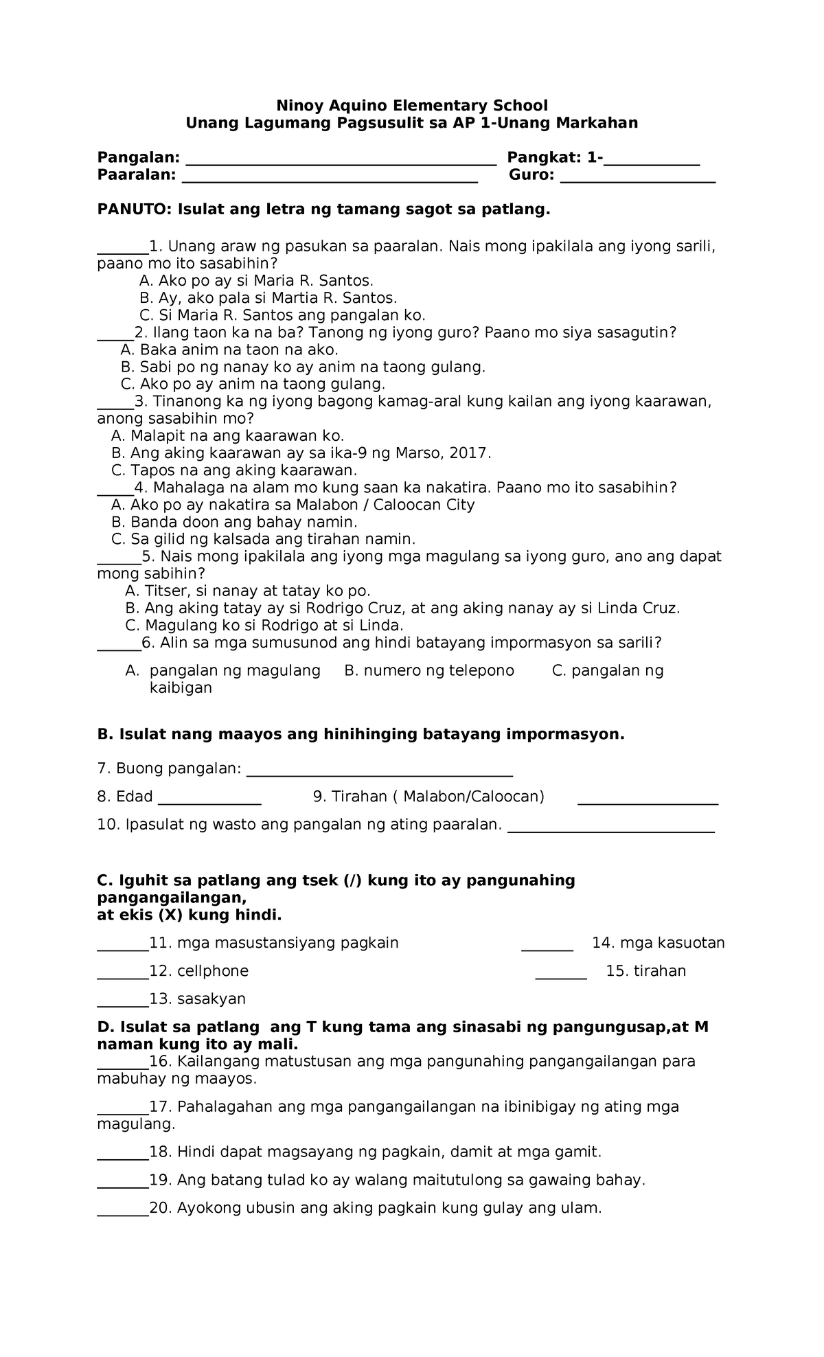 AP- Q1-Unang Lagumang Pagsusulit - Ninoy Aquino Elementary School Unang ...