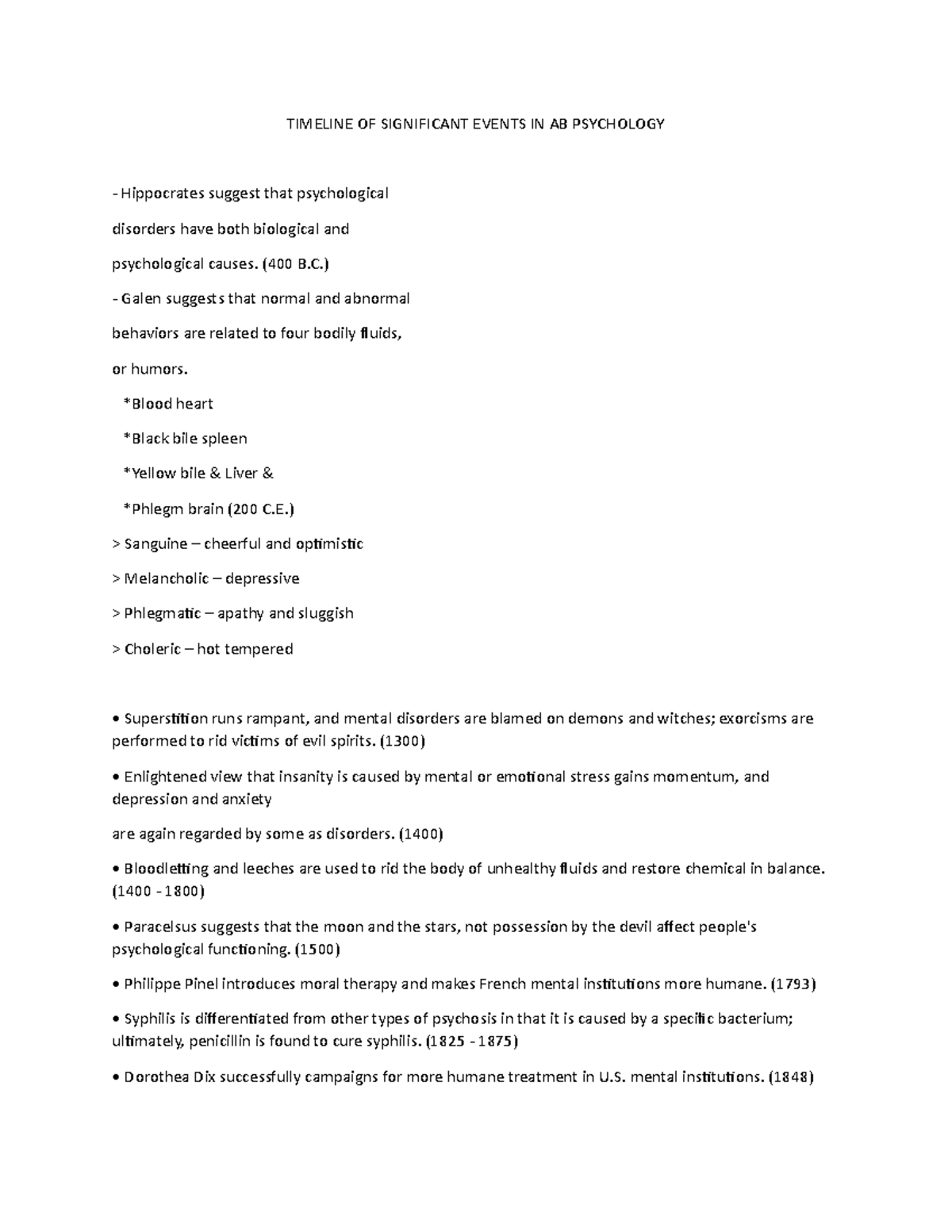 Timeline OF Significant Events IN AB Psychology - Studocu