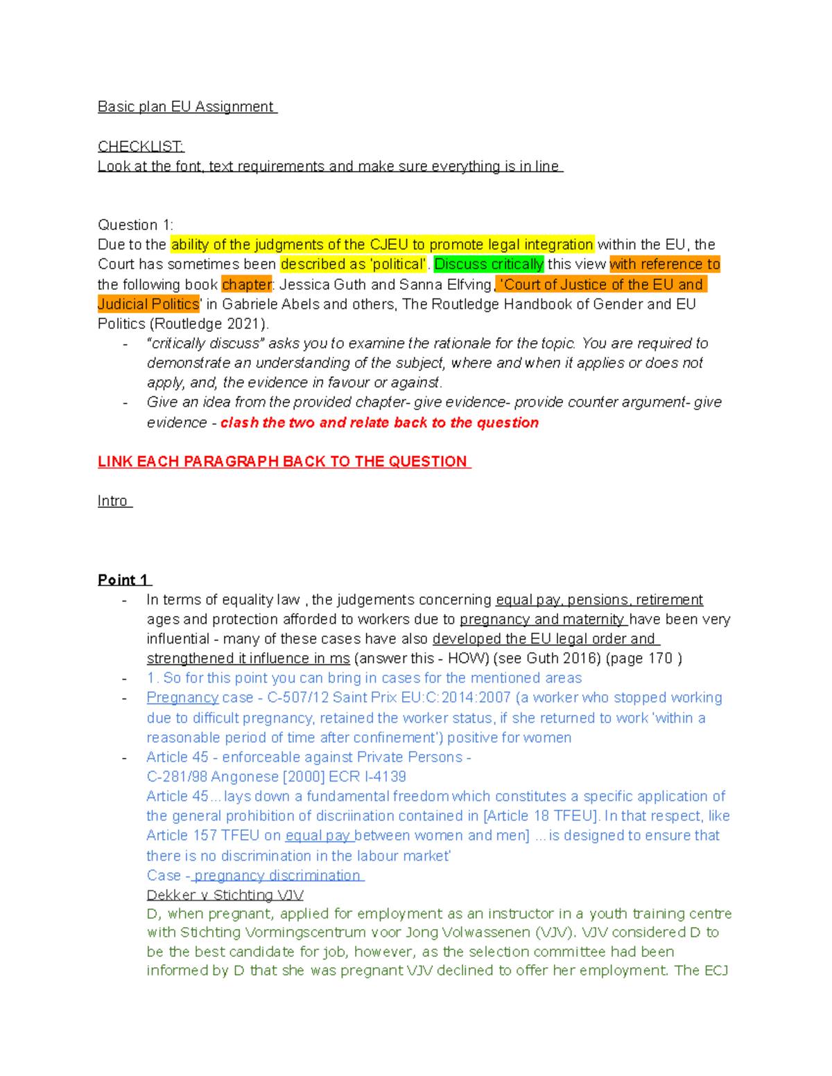 EU - assignment plan 68% - Basic plan EU Assignment CHECKLIST: Look at ...