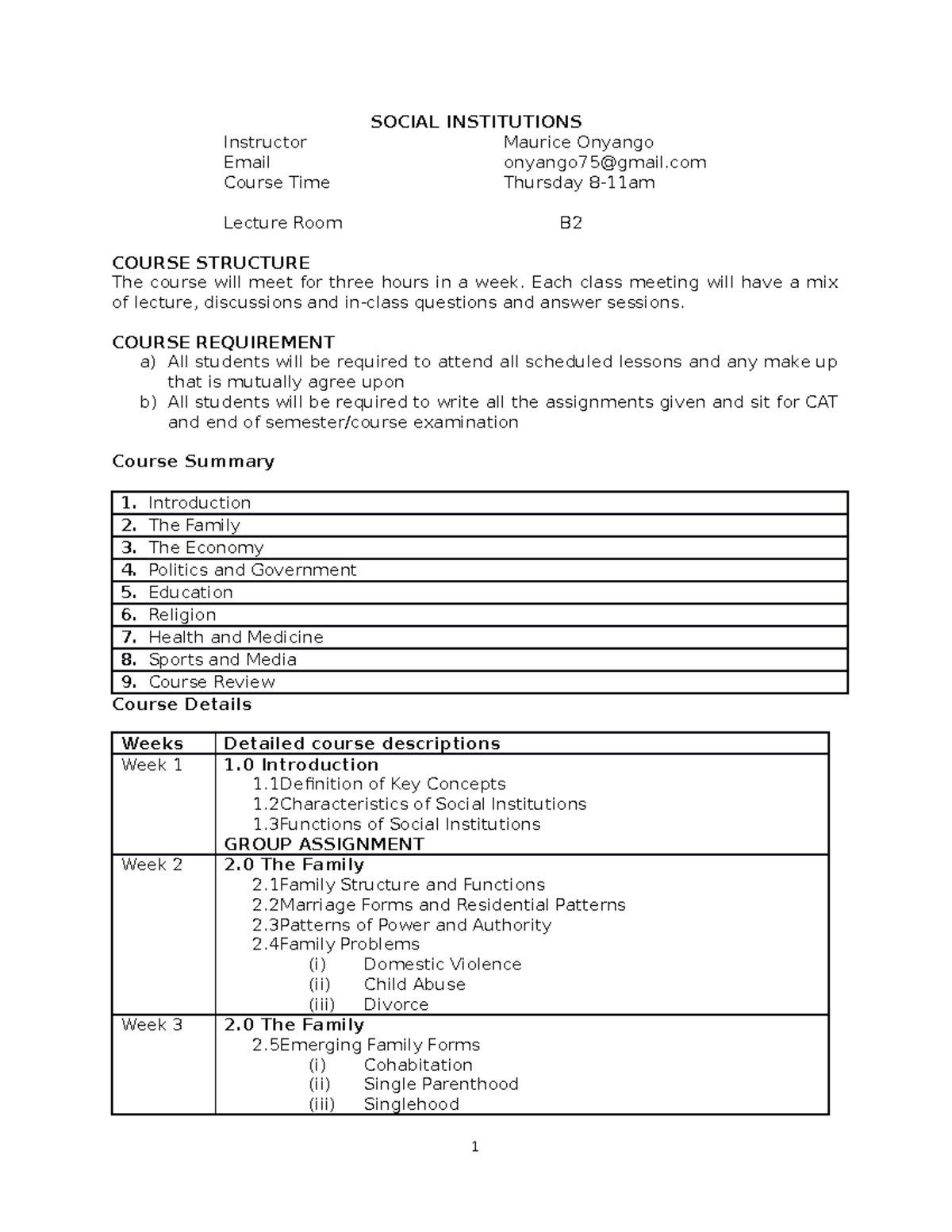 SOCI 204 - Social Institutions - Course Outline - SOCIAL INSTITUTIONS ...